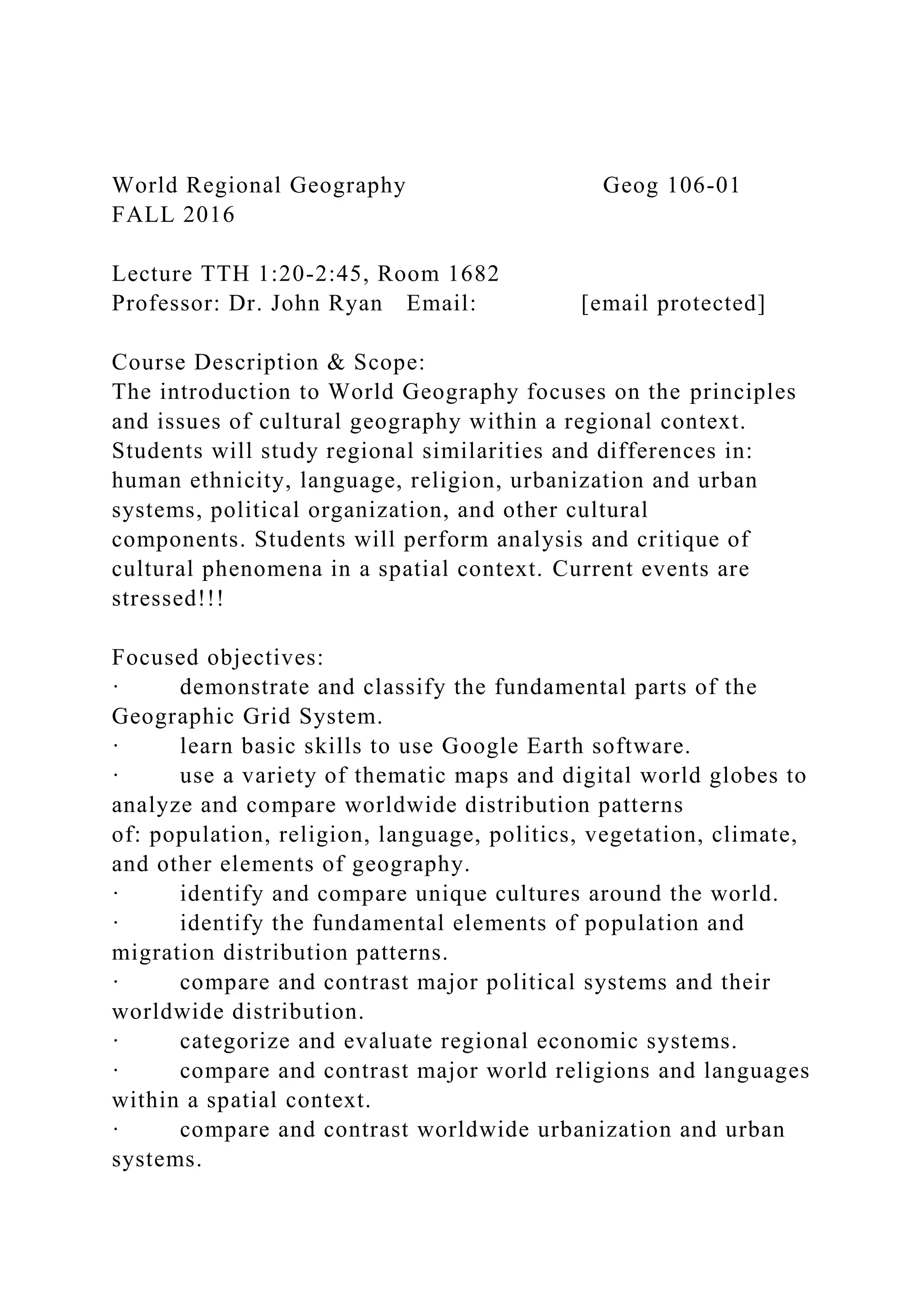 World Regional Geography Geog 106-01 FAL.docx | Geography | Science