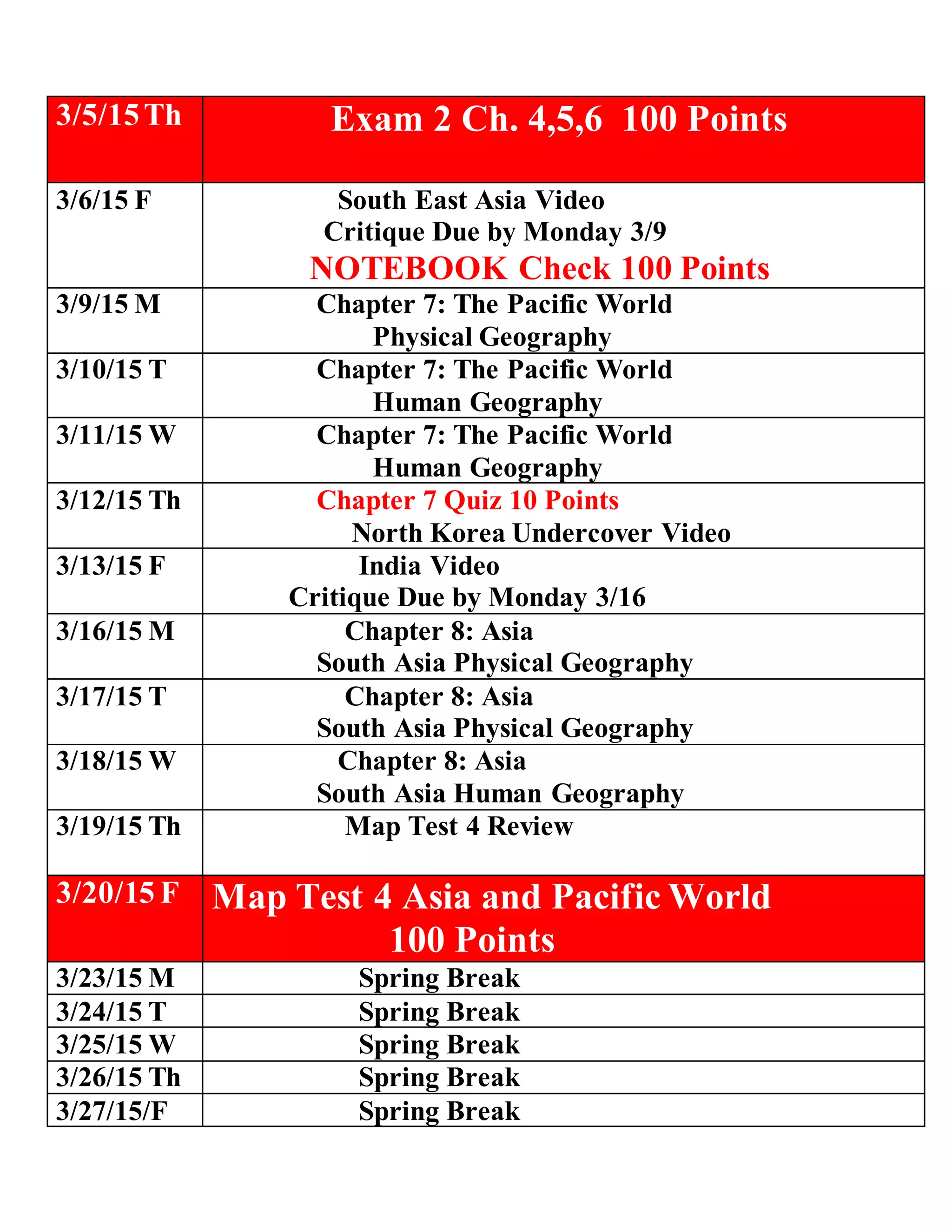 World regional geography course schedule Spring 2015 | PDF