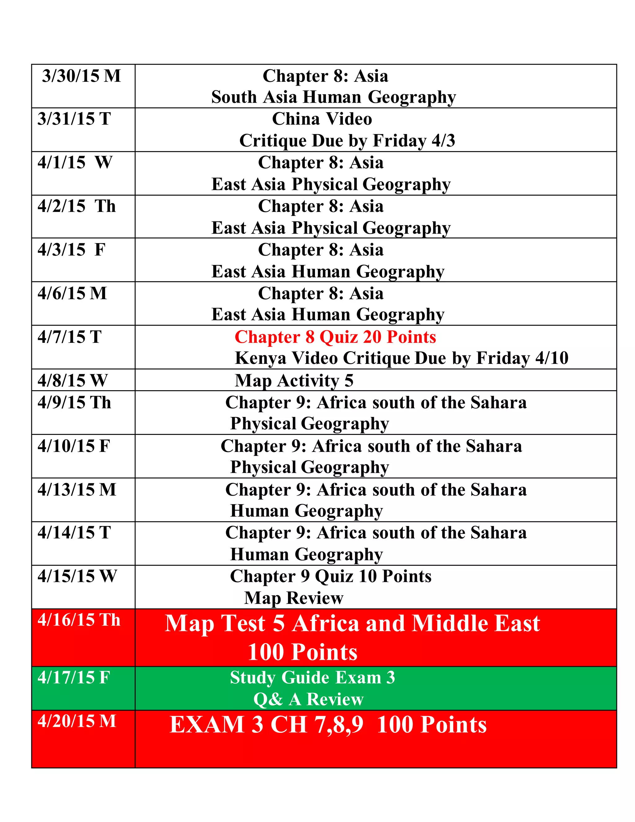 World regional geography course schedule Spring 2015 | PDF