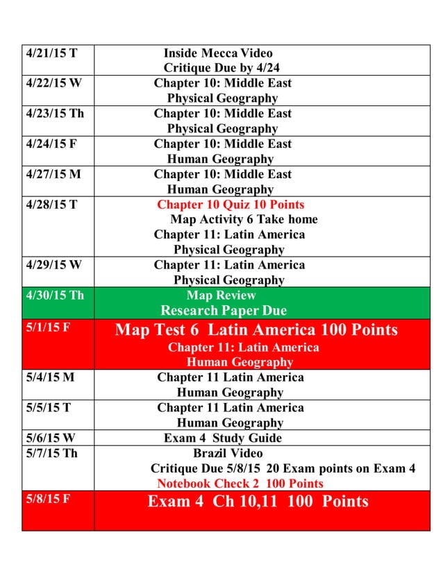 World regional geography course schedule Spring 2015 | PDF