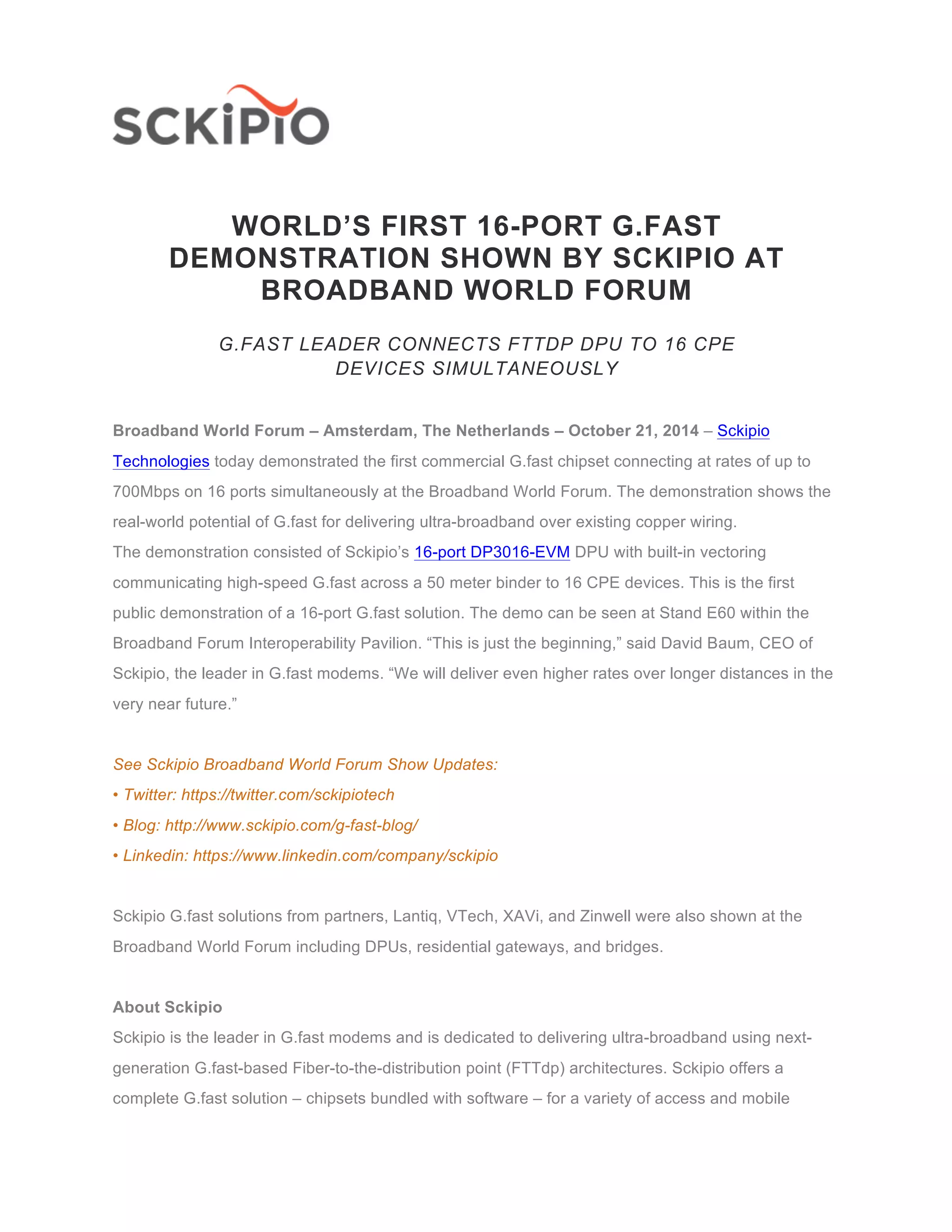 World’s First 16 port G.fast Demonstration Shown by Sckipio at ...