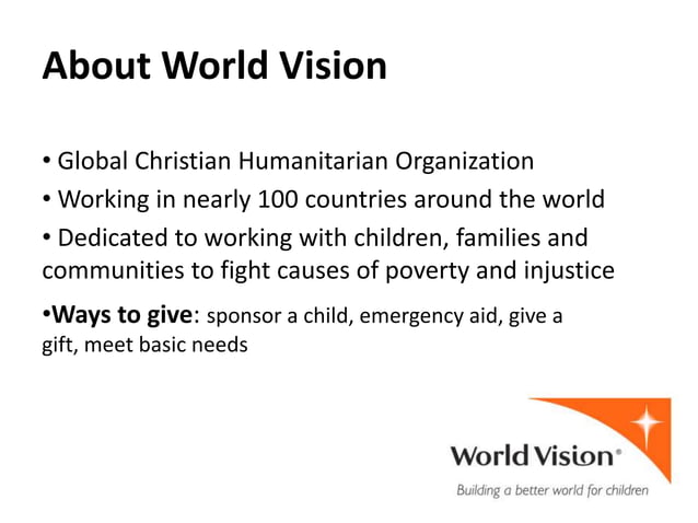World vision presentation | PPTX | Non-Profit Organizations | Industries