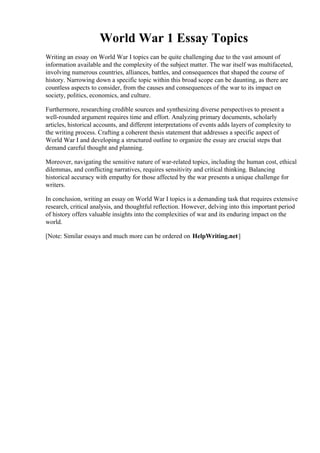 World War 1 Essay Topics. World War 1 amp; 2 Essay Example Topics and ...