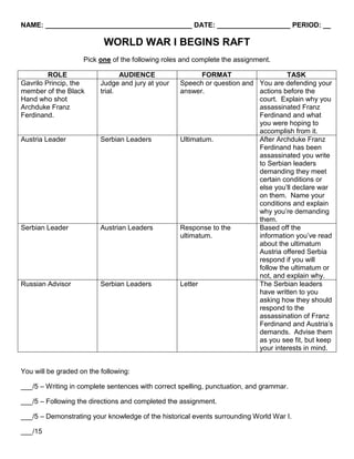 World War I Begins Raft | DOCX