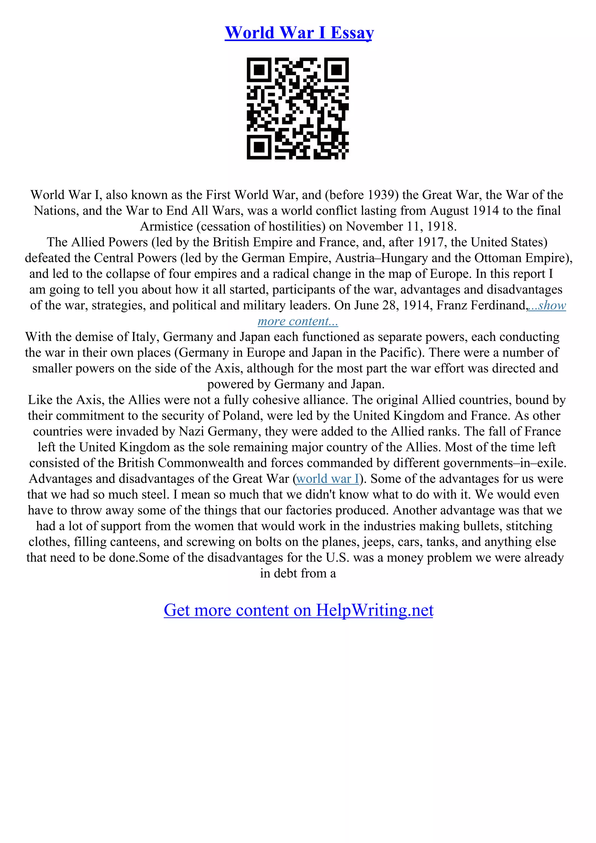 World War I Essay Questions | PDF