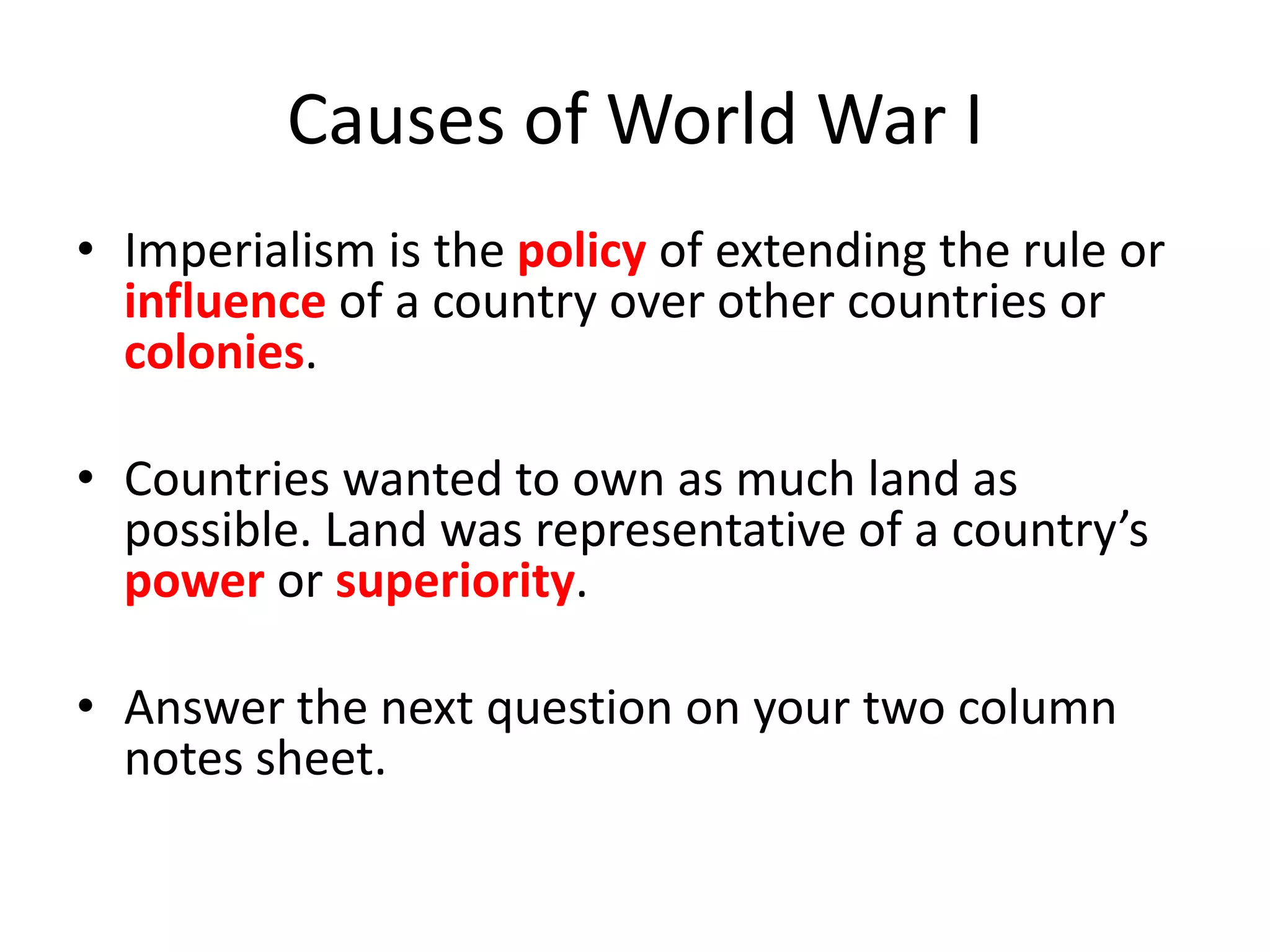 World war I vocabulary and causes of war | PPTX