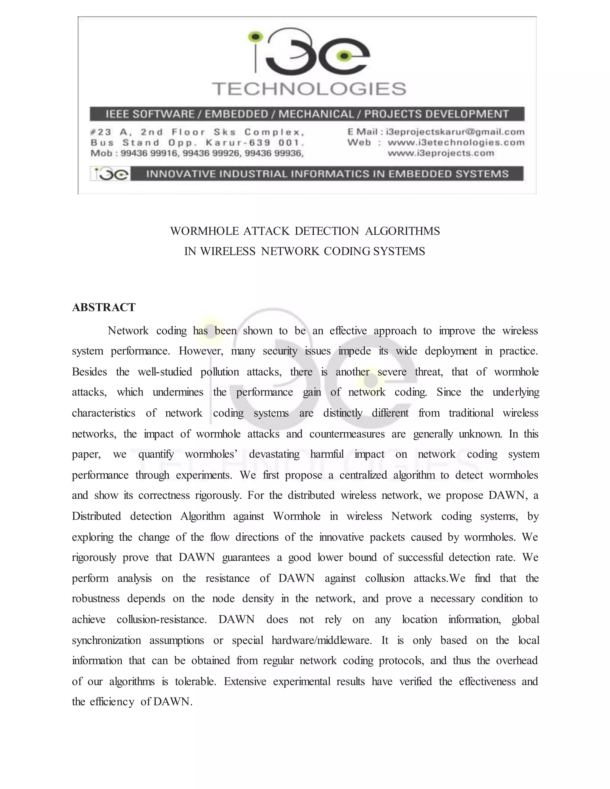 Wormhole Attack Detection Algorithms In Wireless Network Coding Systems