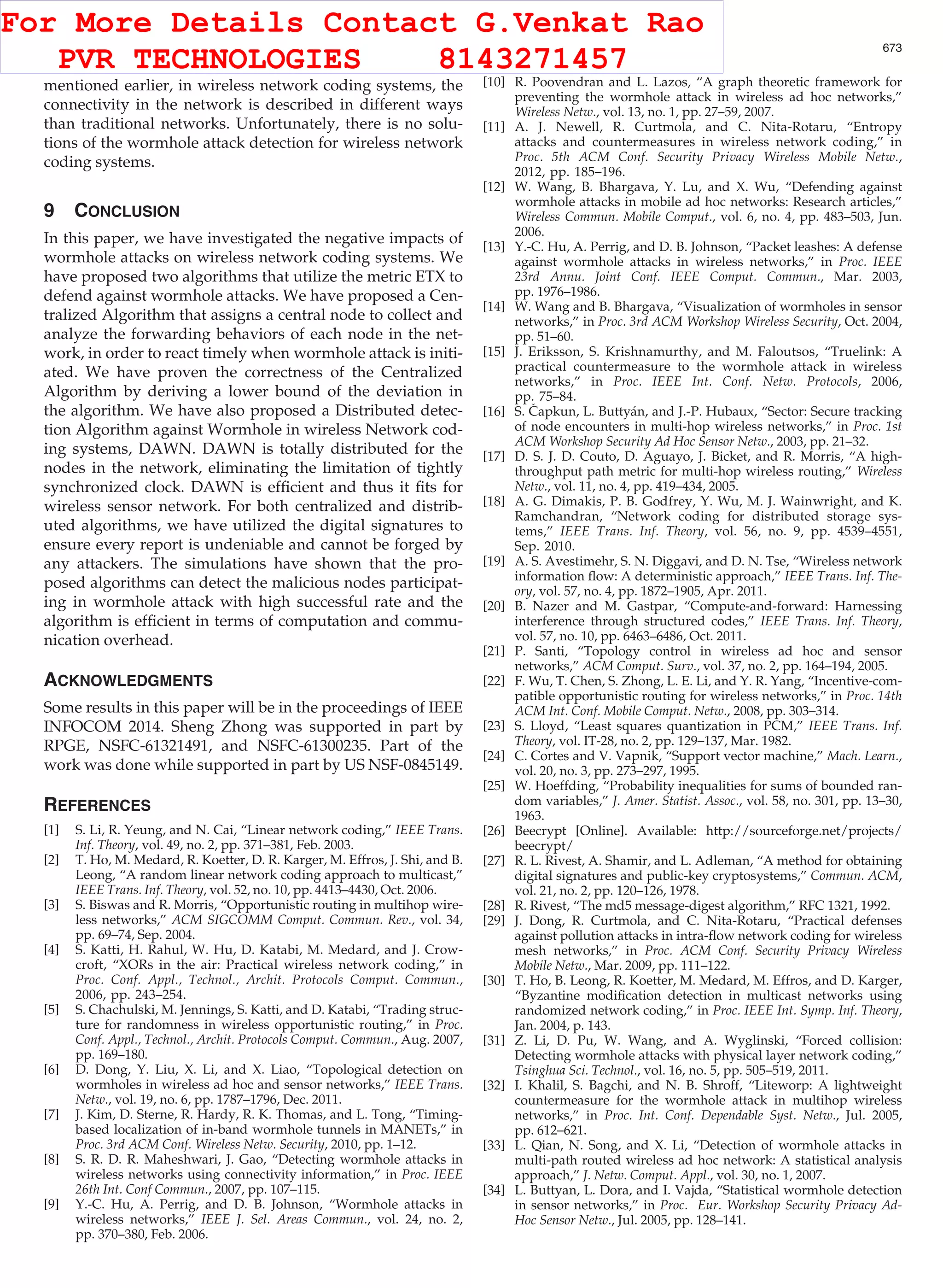 Wormhole Attack Detection Algorithms In Wireless Network Coding Systems