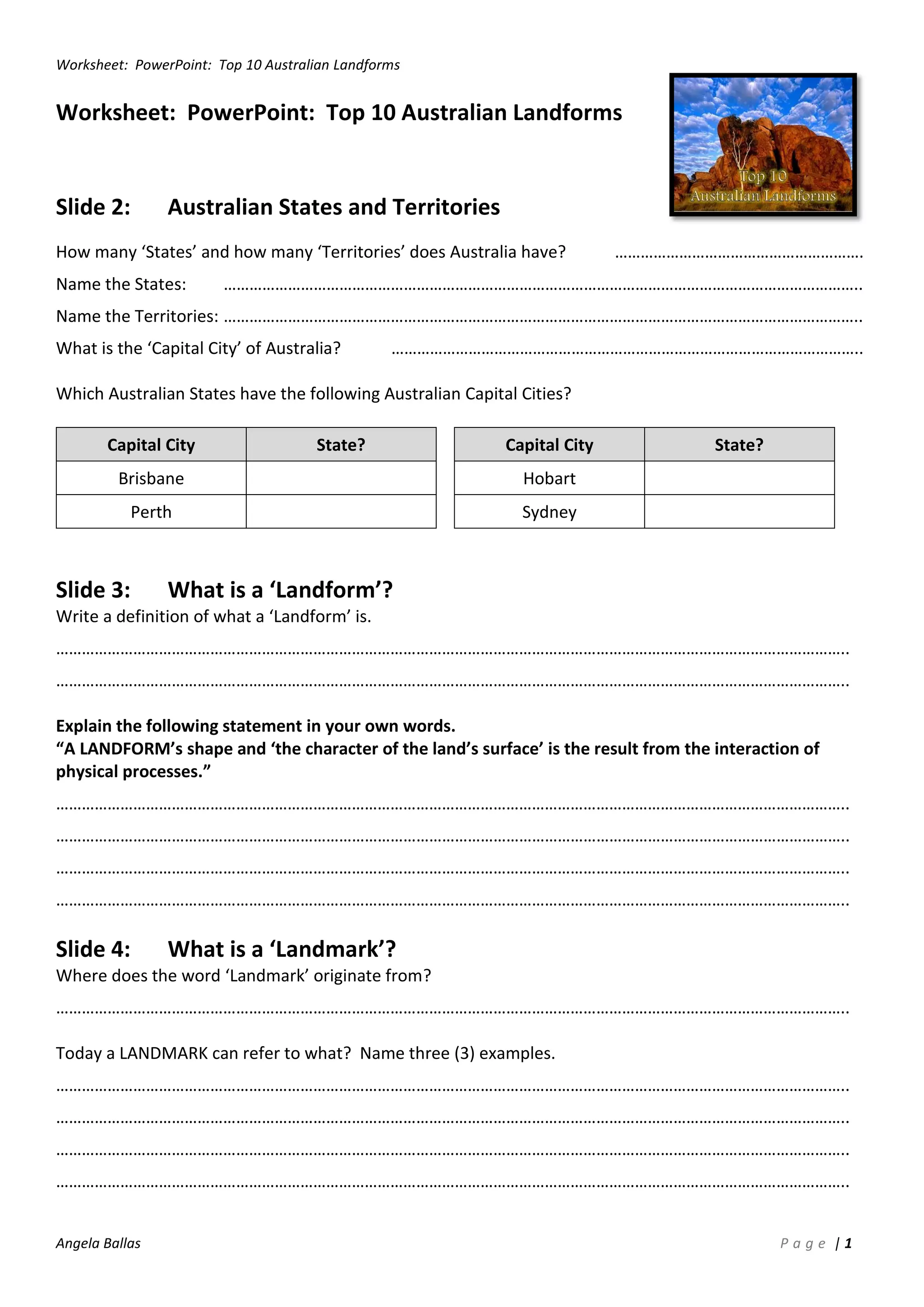 Worksheet: Top 10 Australian Landforms | PDF