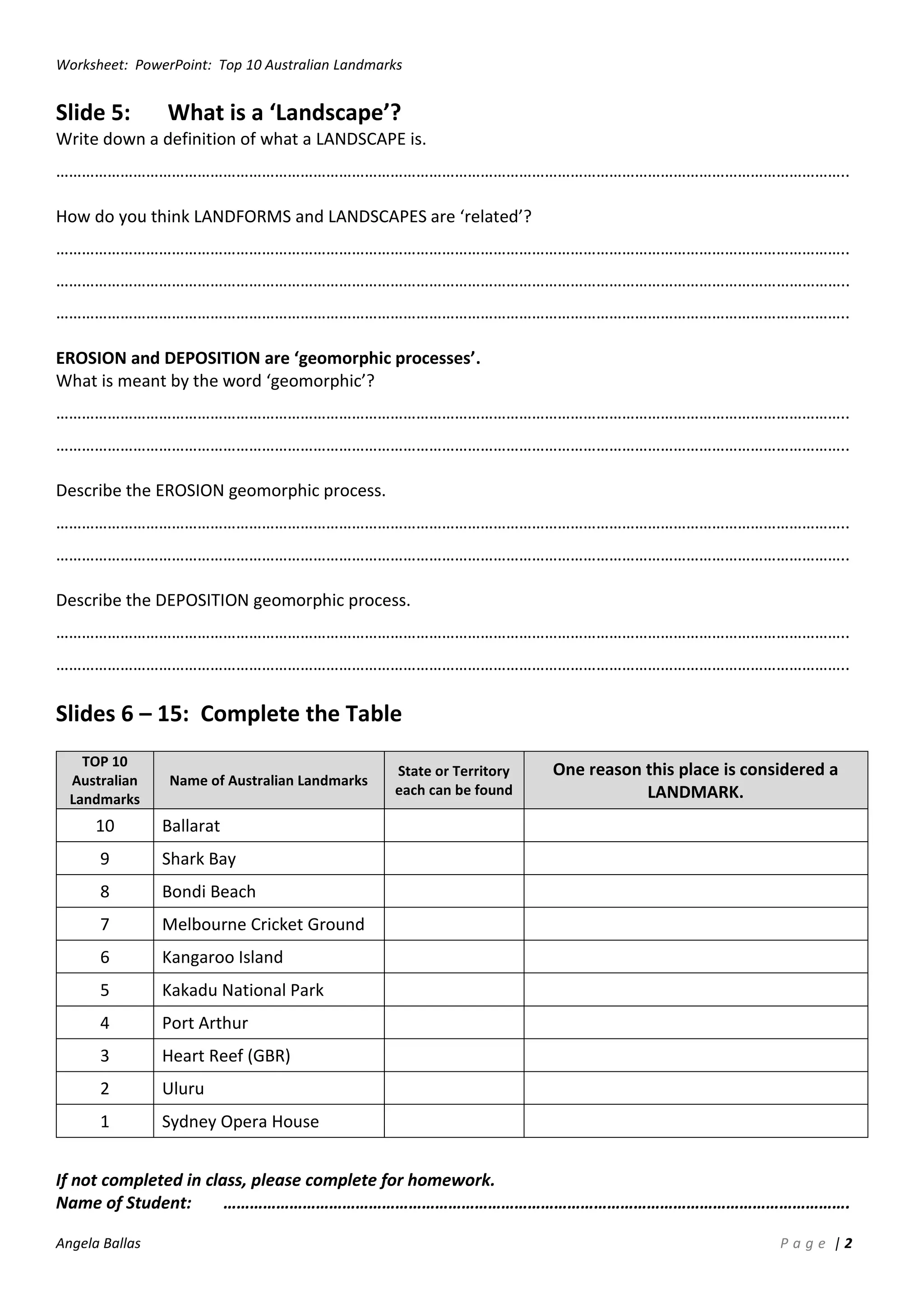 Worksheet for PowerPoint: Top 10 Australian Landmarks | PDF