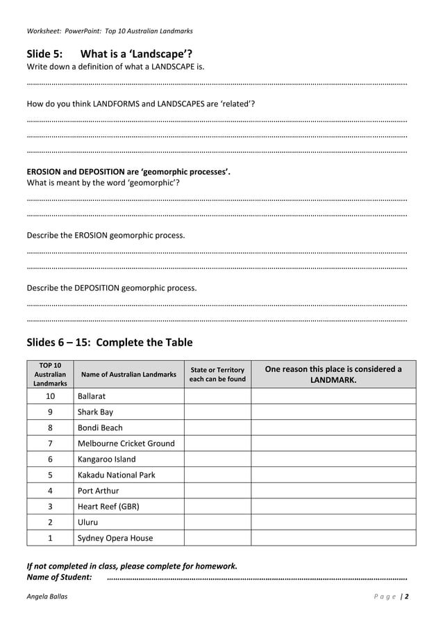 Worksheet for PowerPoint: Top 10 Australian Landmarks | PDF