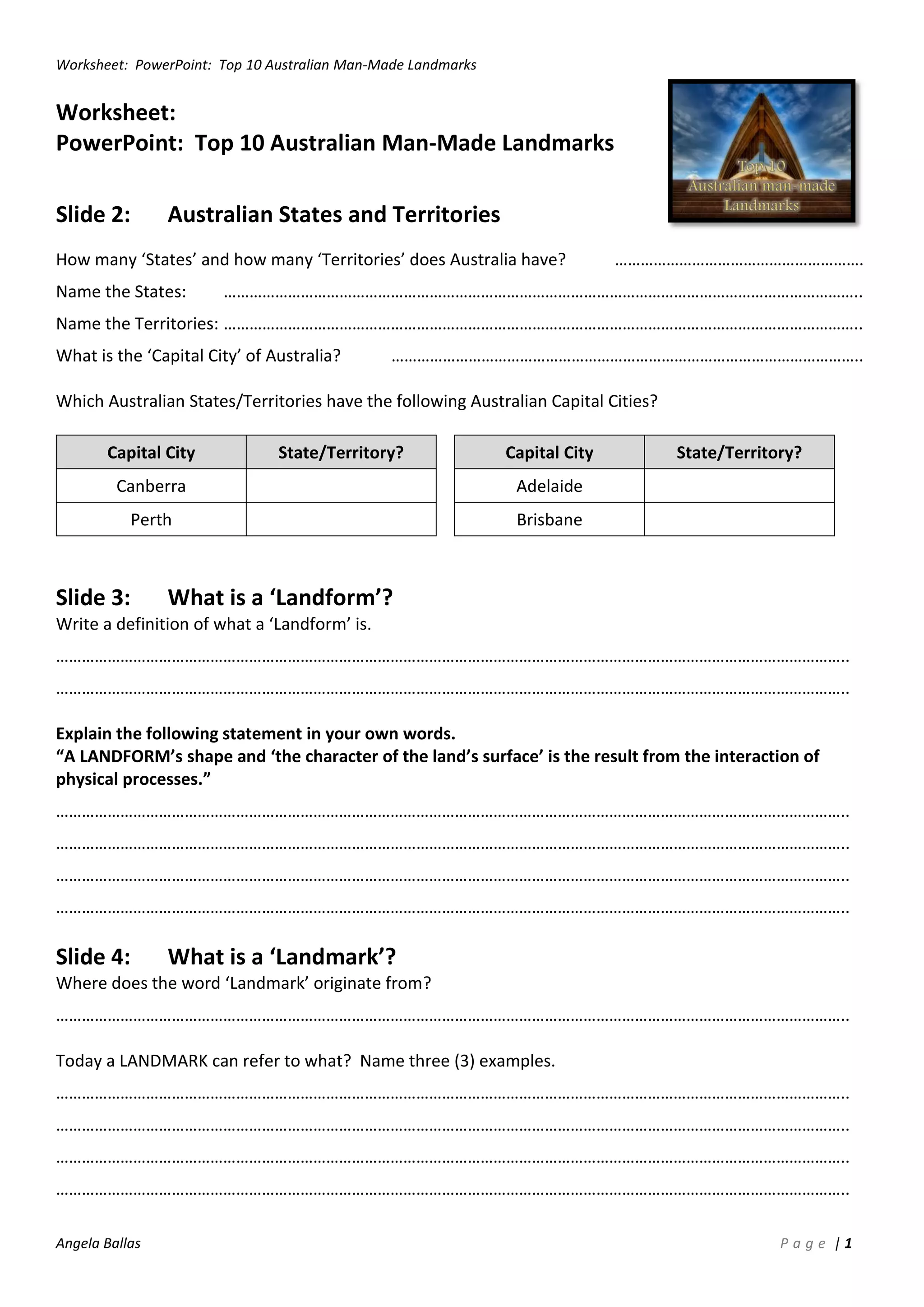 Worksheet: PowerPoint: Top 10 Australian Man-Made Landmarks | PDF