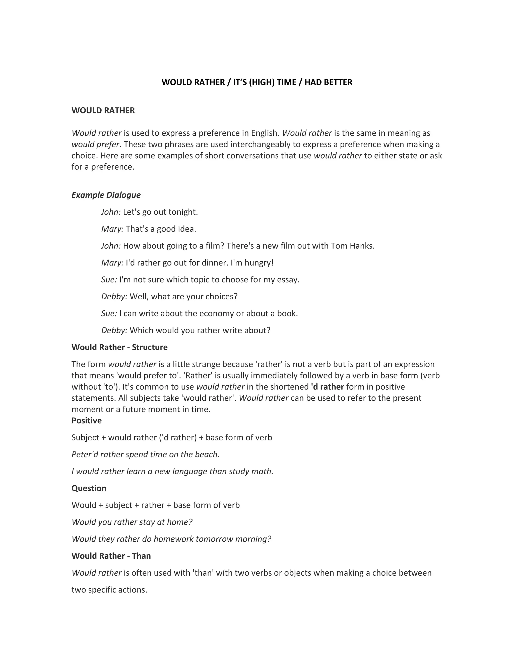 Would rather / it's high time / had better | DOCX