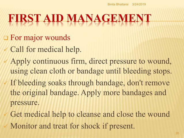 First aid management of Wound | PPTX | First Aid | Injuries