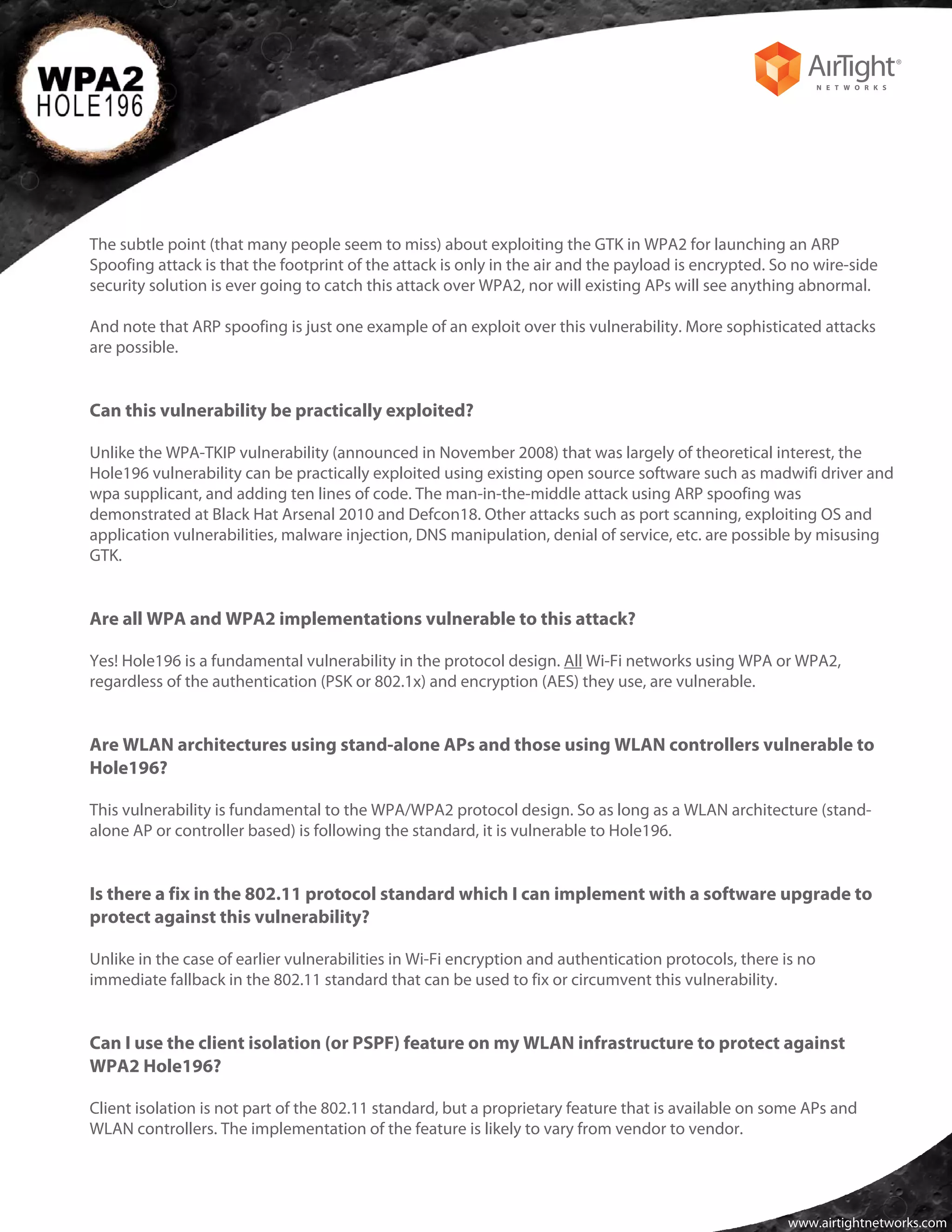 WPA2 Hole196 Vulnerability FAQs | PDF