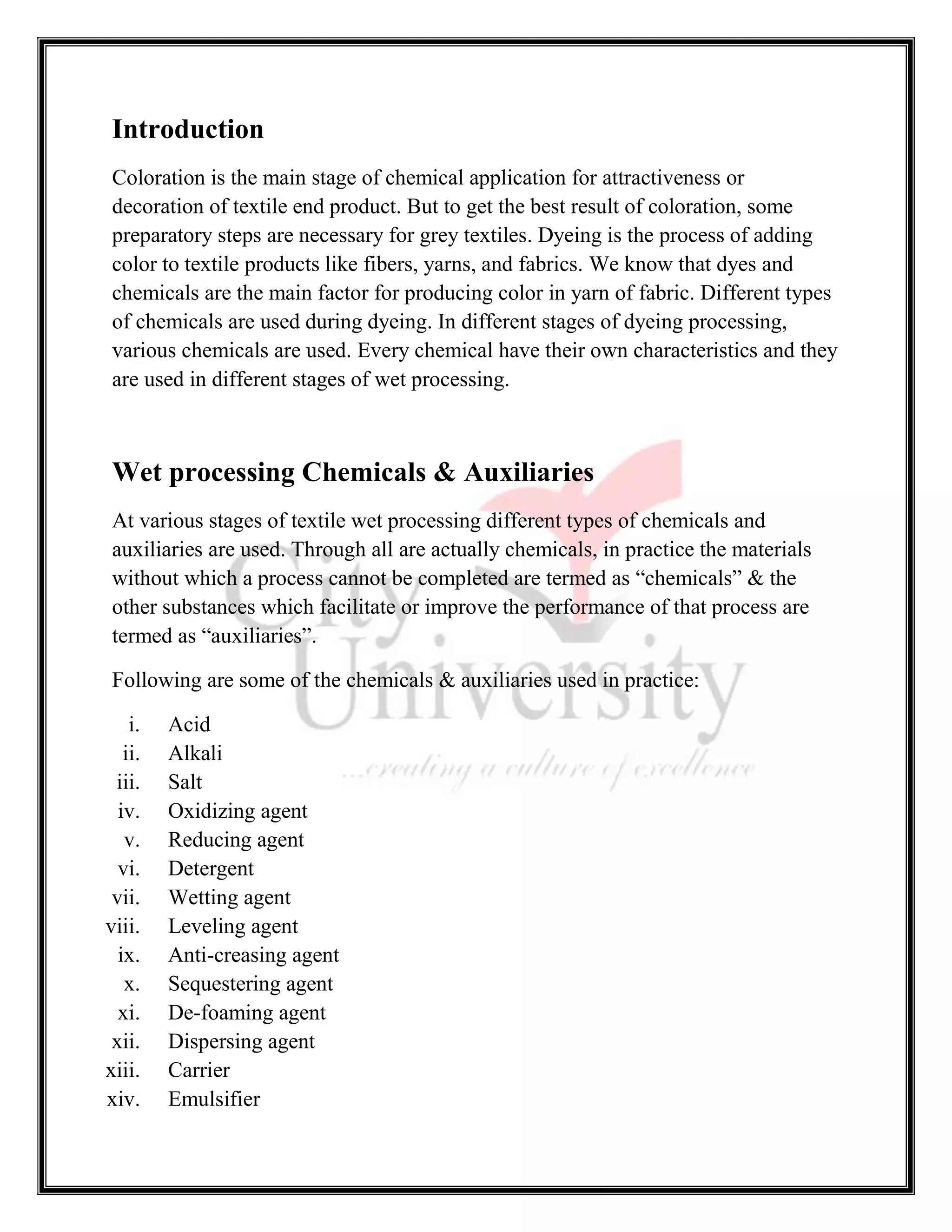 Chemical auxiliaries used in textile wet processing | PDF