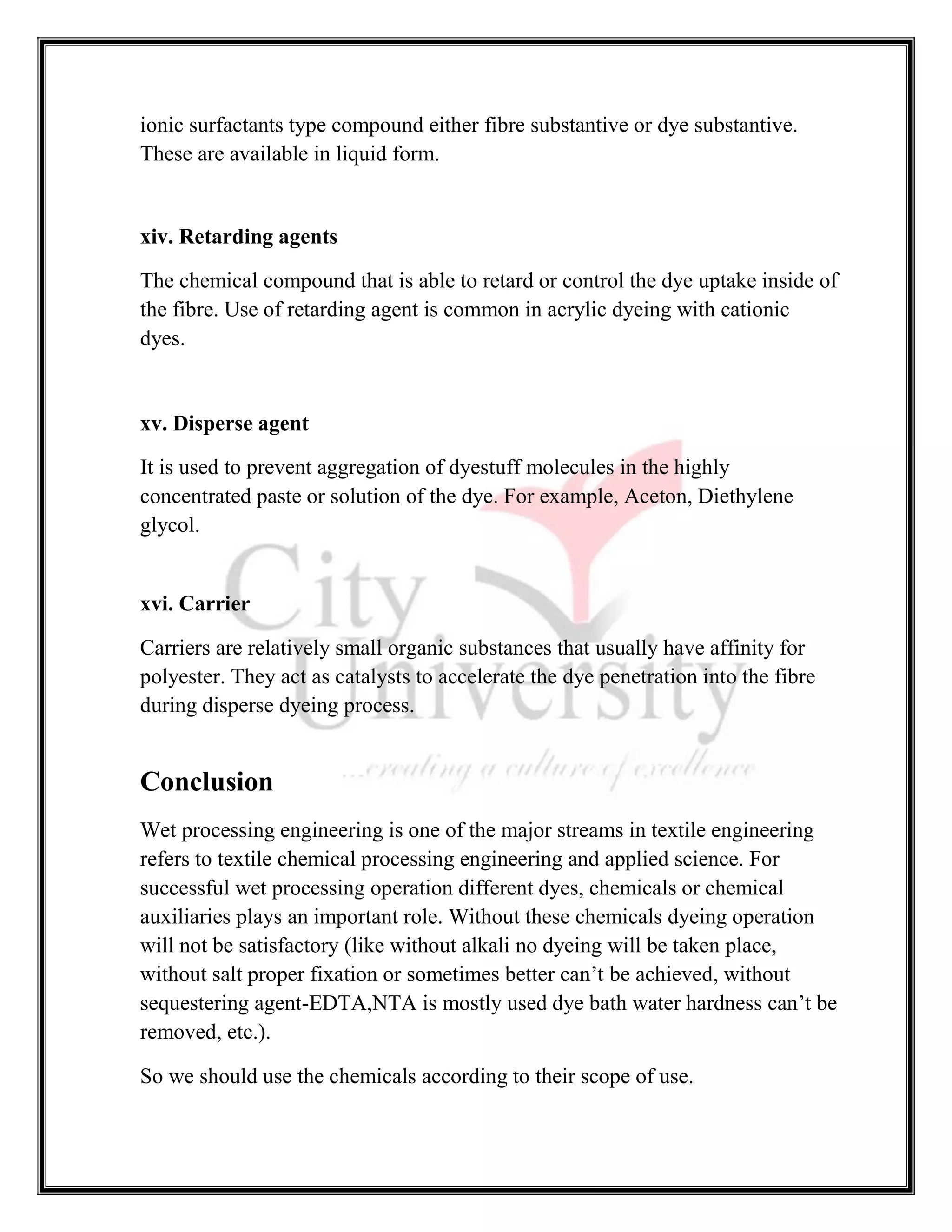 Chemical auxiliaries used in textile wet processing | PDF