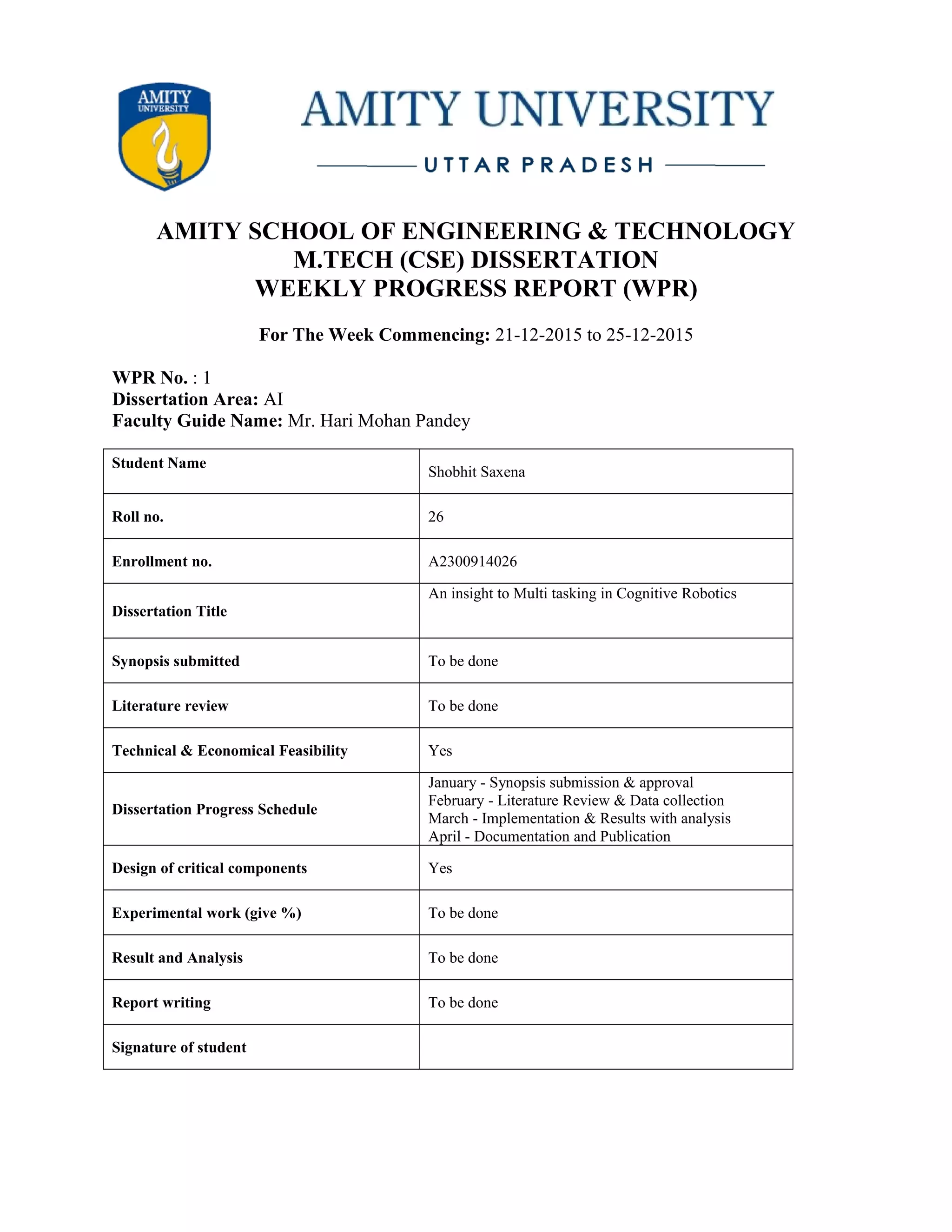 WEEKLY PROGRESS REPORT (WPR) for DISSERTATION : Download Link in ...
