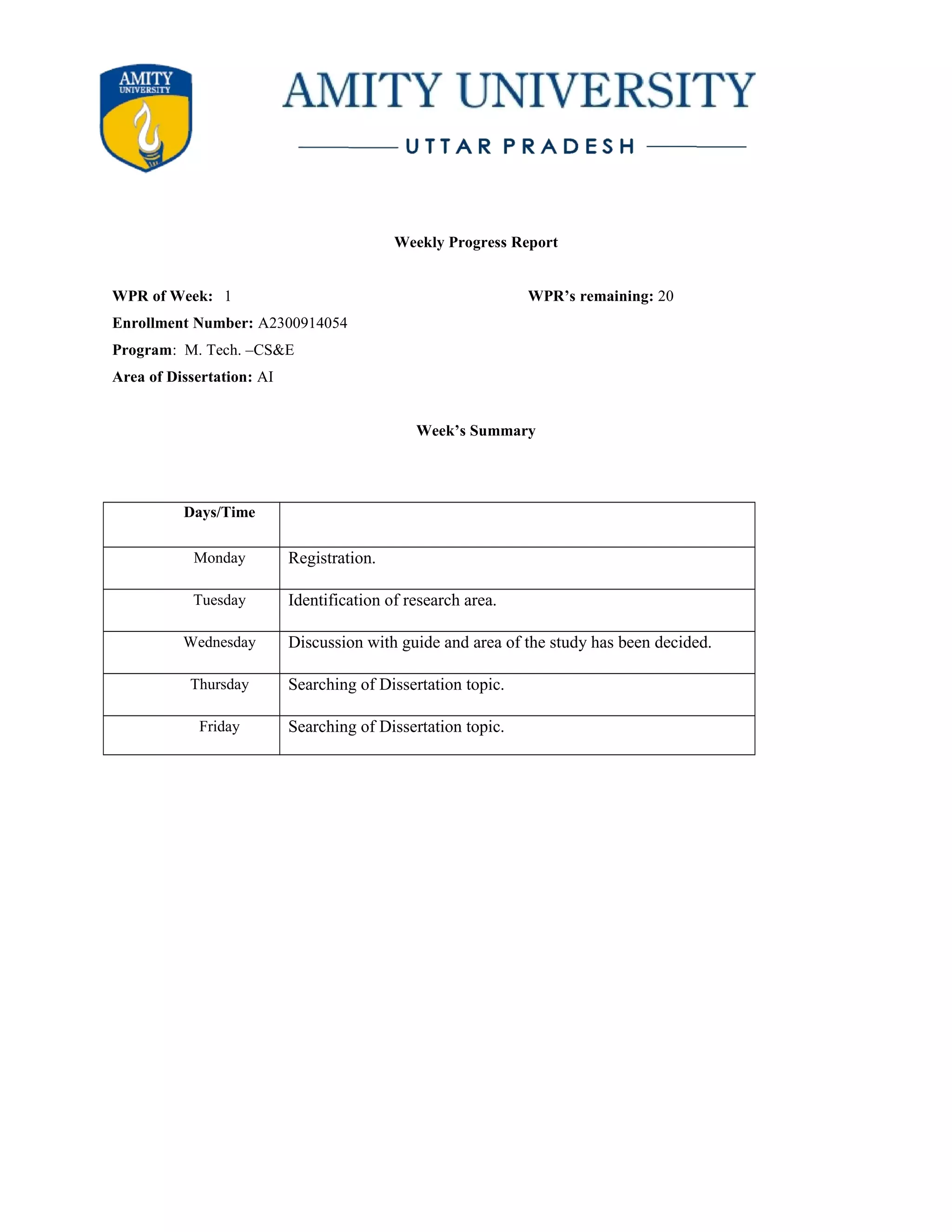 WEEKLY PROGRESS REPORT (WPR) for DISSERTATION : Download Link in ...