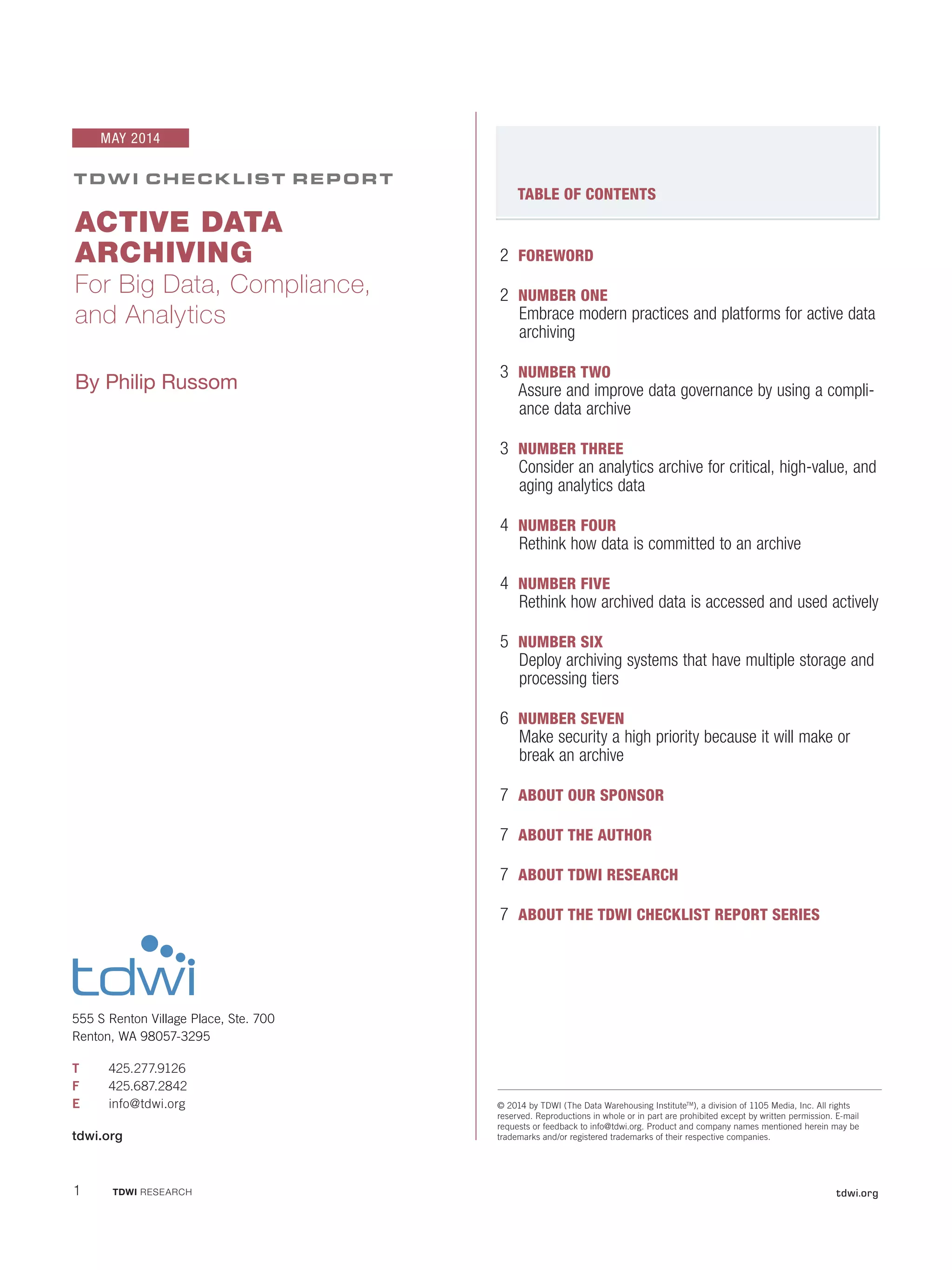 TDWI Checklist Report: Active Data Archiving | PDF