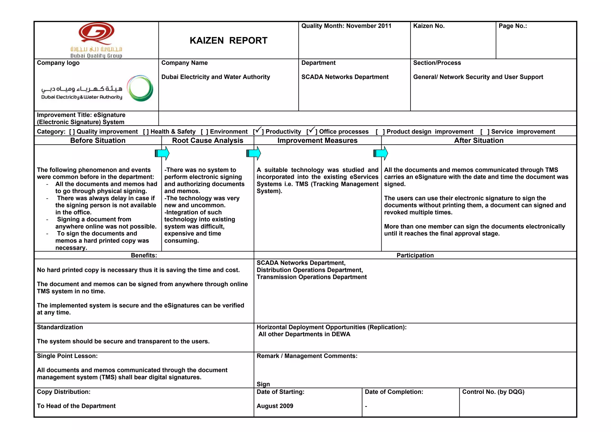 WQD2011 - KAIZEN - DEWA - eSignature | PDF