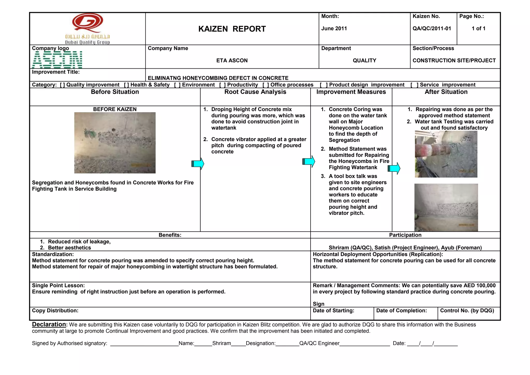 WQD2011 - KAIZEN - ETA Ascon - Eliminating Honeycombing Defect in ...