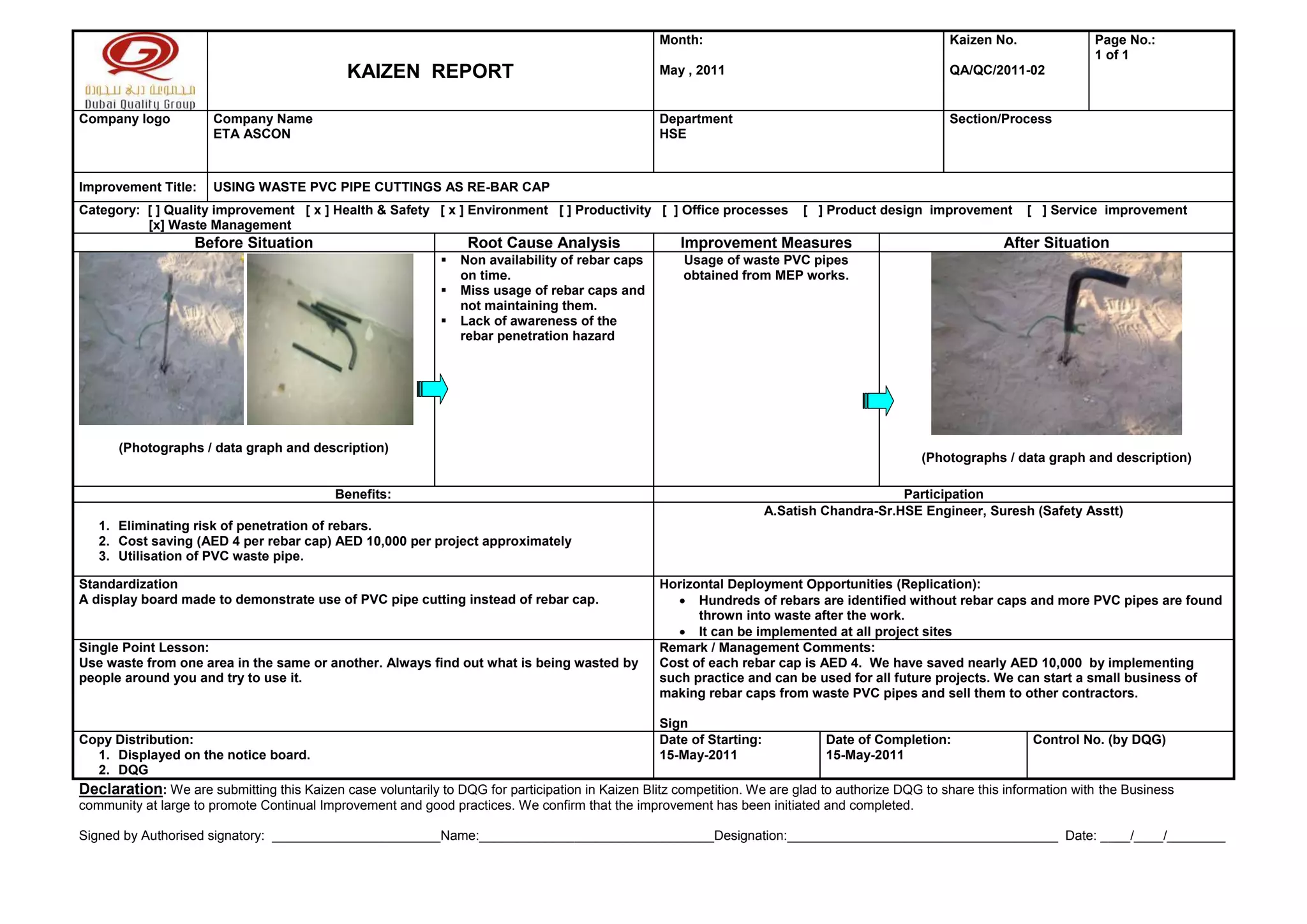 WQD2011 - KAIZEN - ETA Ascon - Using Waste PVC Pipe Cuttings as Re-Bar ...