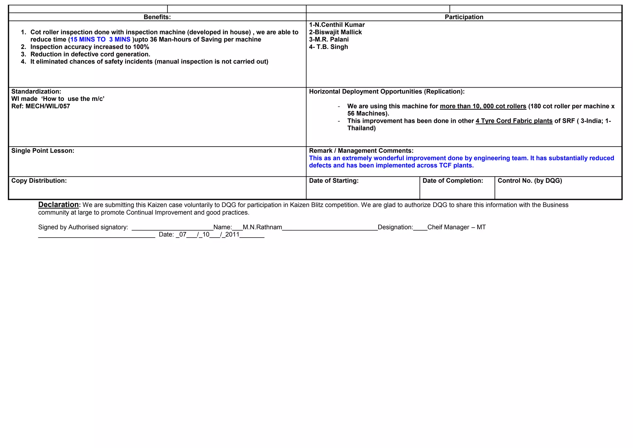 WQD2011 - KAIZEN - SRF Oversear Ltd - In house design & development of ...