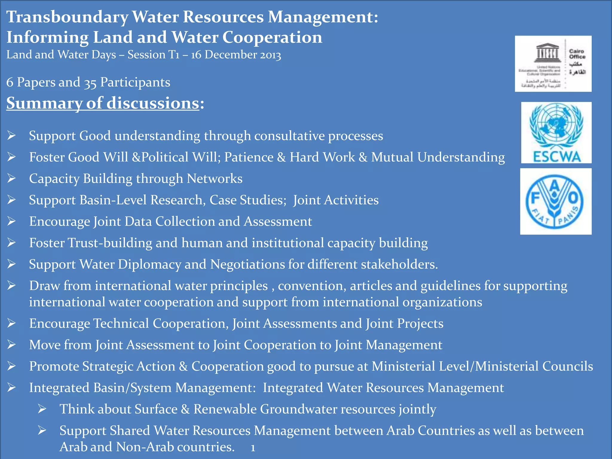 Transboundary Water Resources Management: Informing Land and Water ...