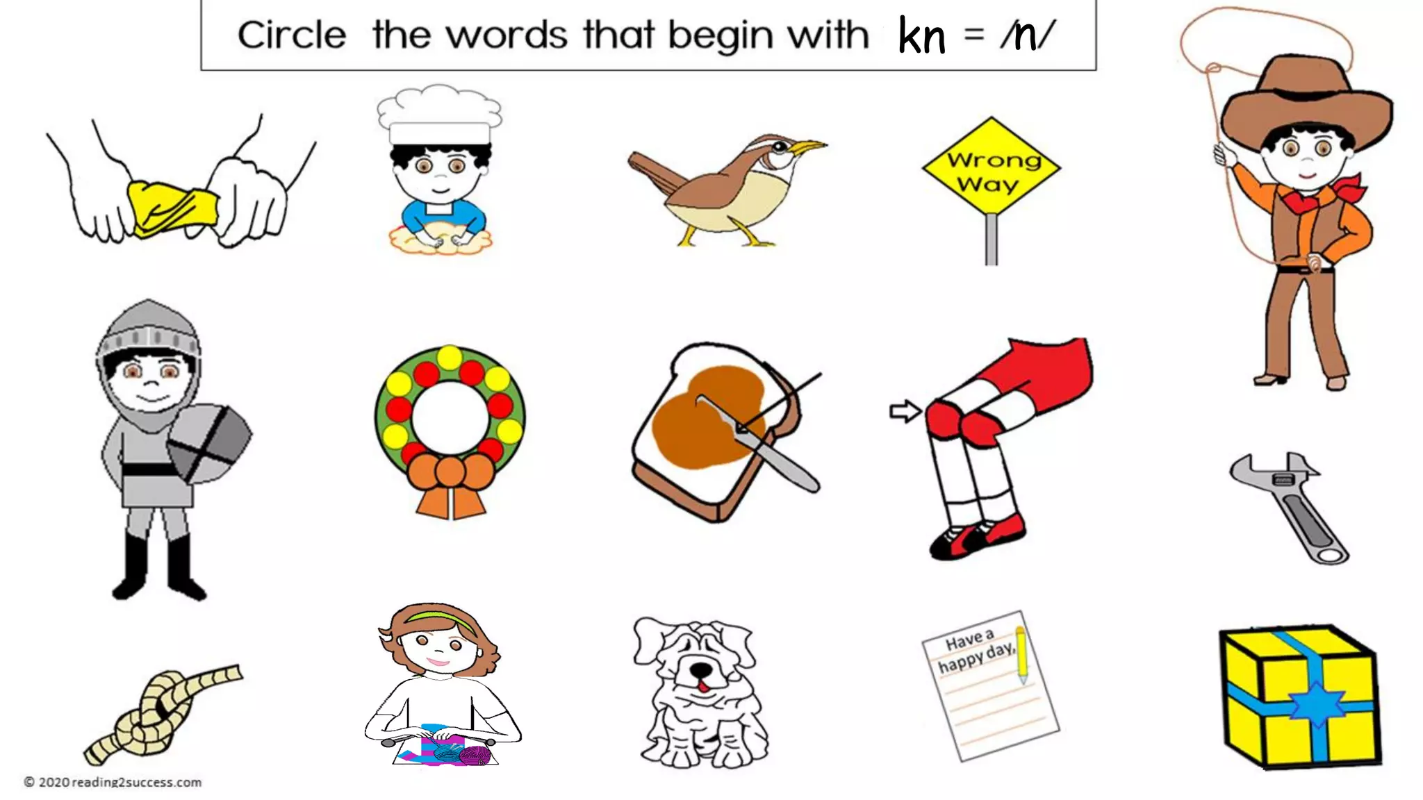 Teaching the rule breakers kn and wr. The k is silent and the w is ...