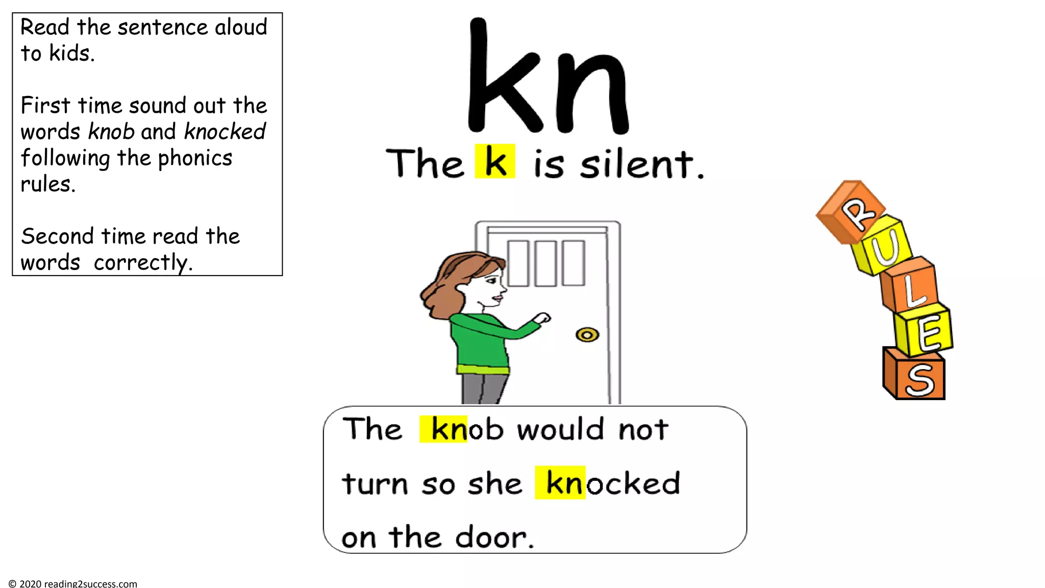 Teaching the rule breakers kn and wr. The k is silent and the w is ...