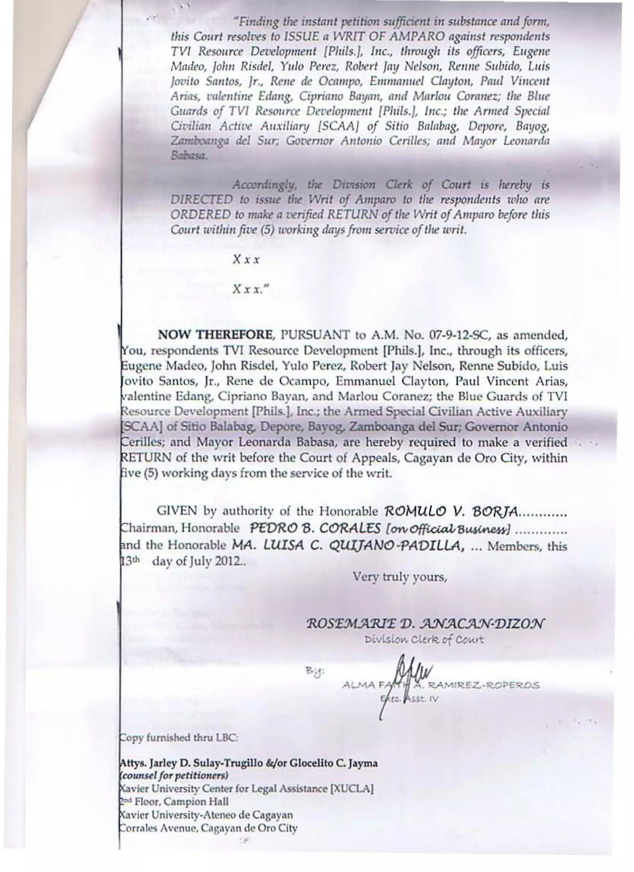 Writ Of Amparo TVI Resources | PDF