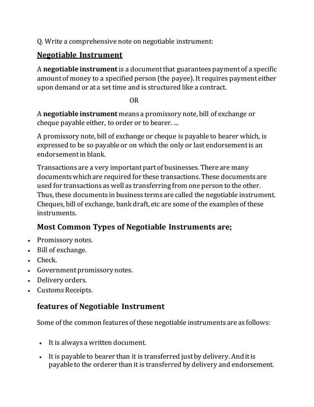Write a-comprehensive-note-on-negotiable-instrument 2 | DOCX