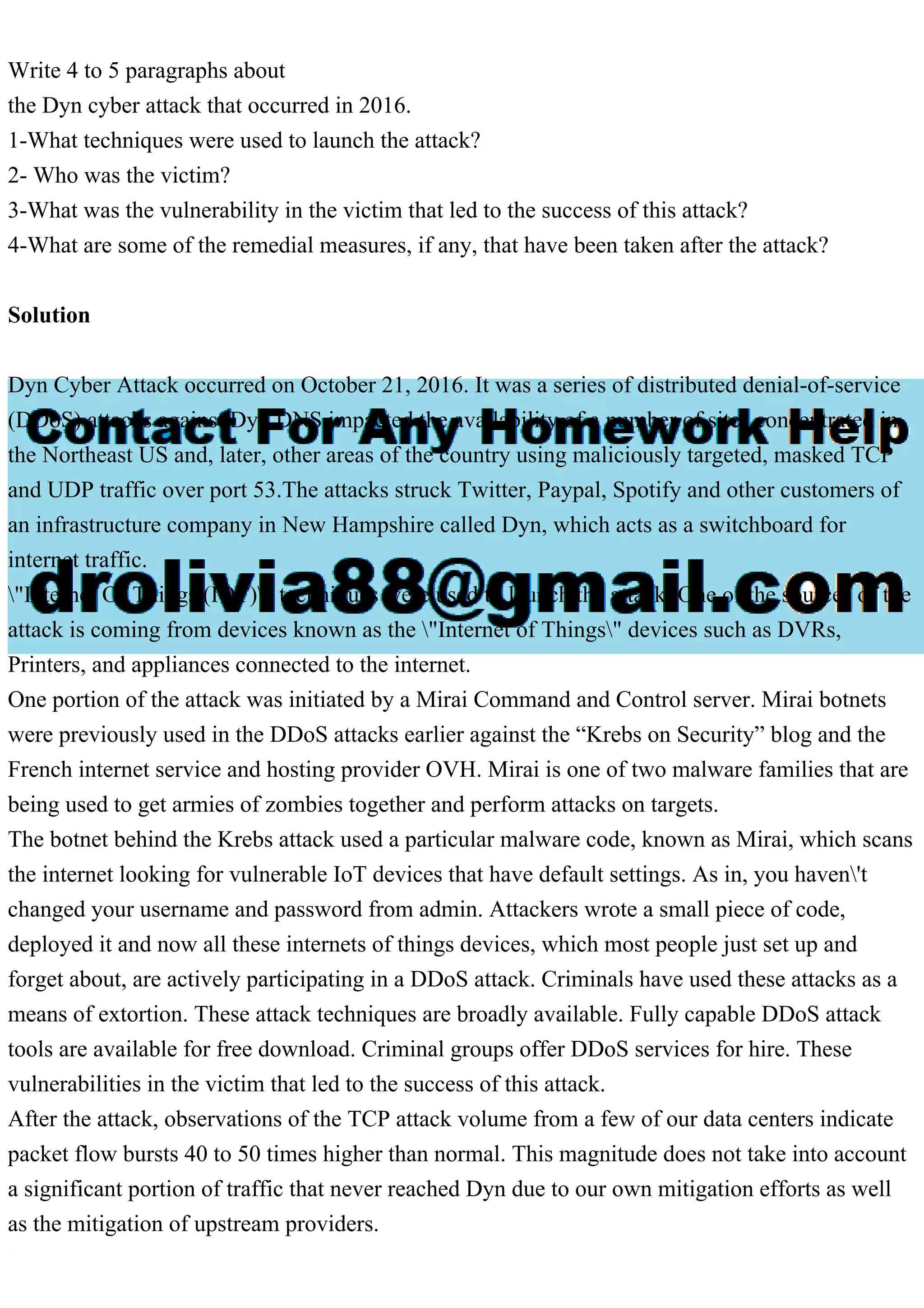 Write 4 to 5 paragraphs aboutthe Dyn cyber attack that occurred in.pdf