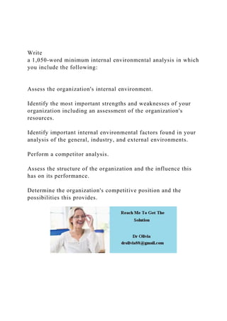 Write a 1,050-word minimum internal environmental analysis in .docx