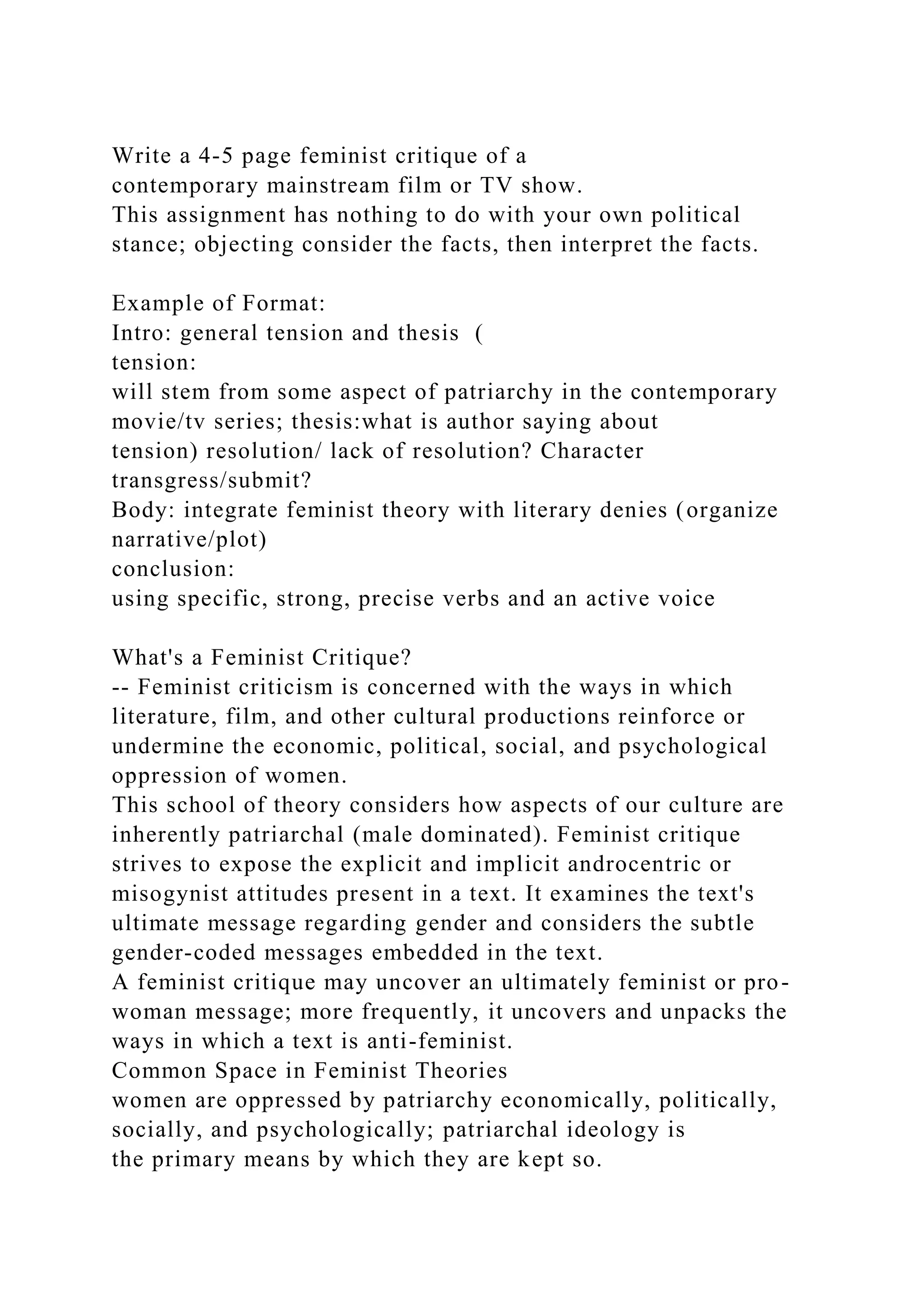 Write a 4-5 page feminist critique of a contemporary mainstream fi.docx