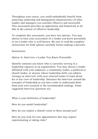 Write a 4–6-page analysis of a leader you either interviewed persona | PDF