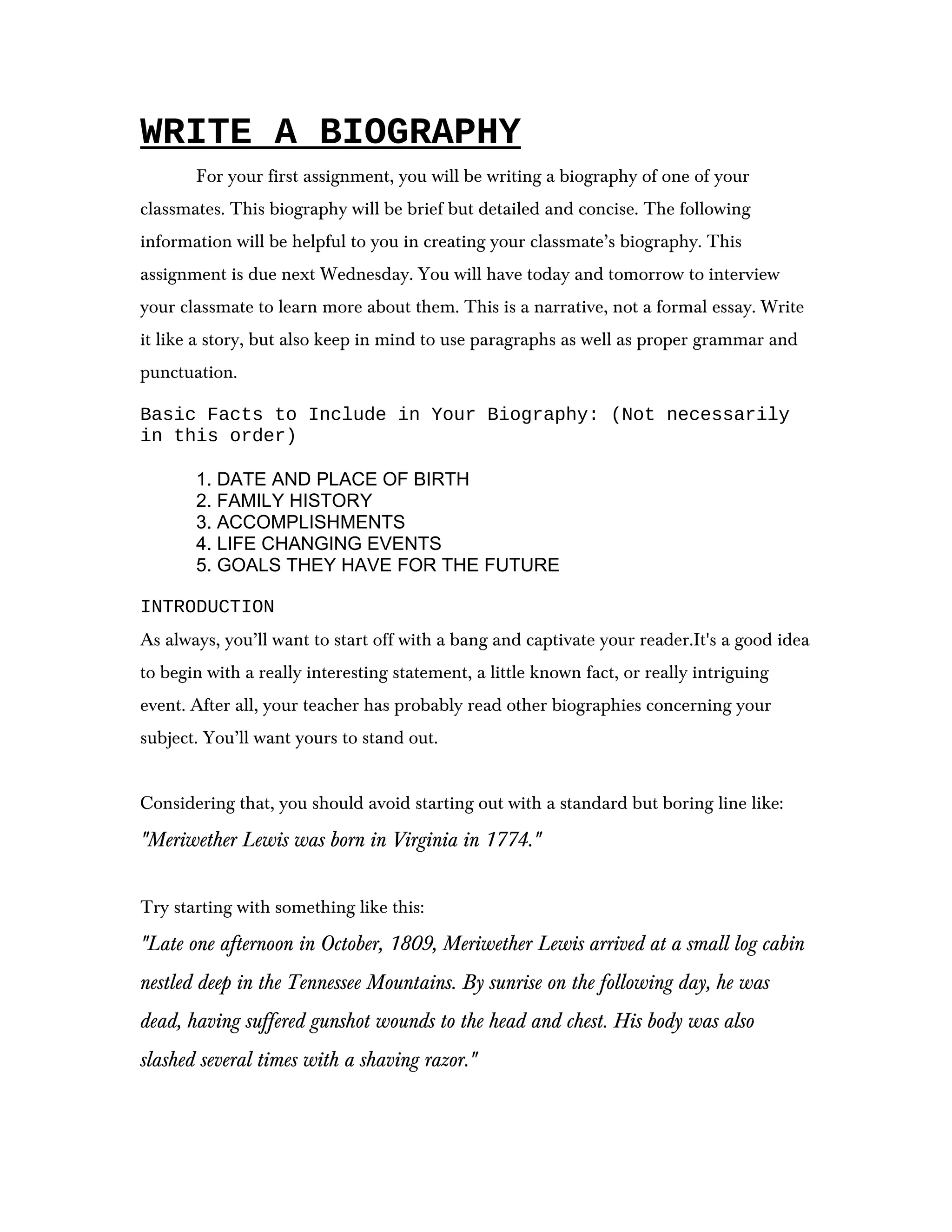 Write a biographysuggestionsquestionsandrubric | PDF