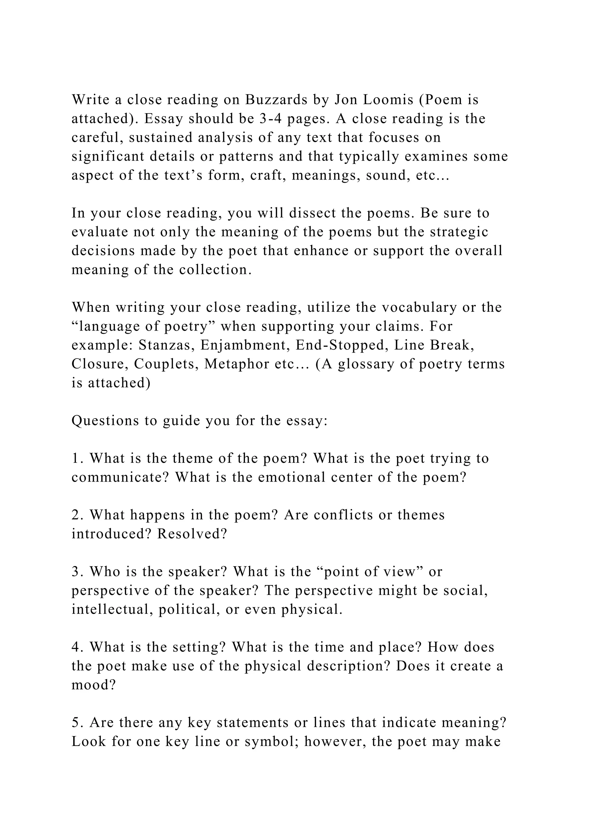Write a close reading on Buzzards by Jon Loomis (Poem is attached). .docx