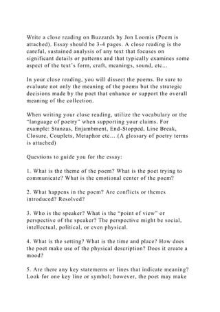 Write a close reading on Buzzards by Jon Loomis (Poem is attached). .docx