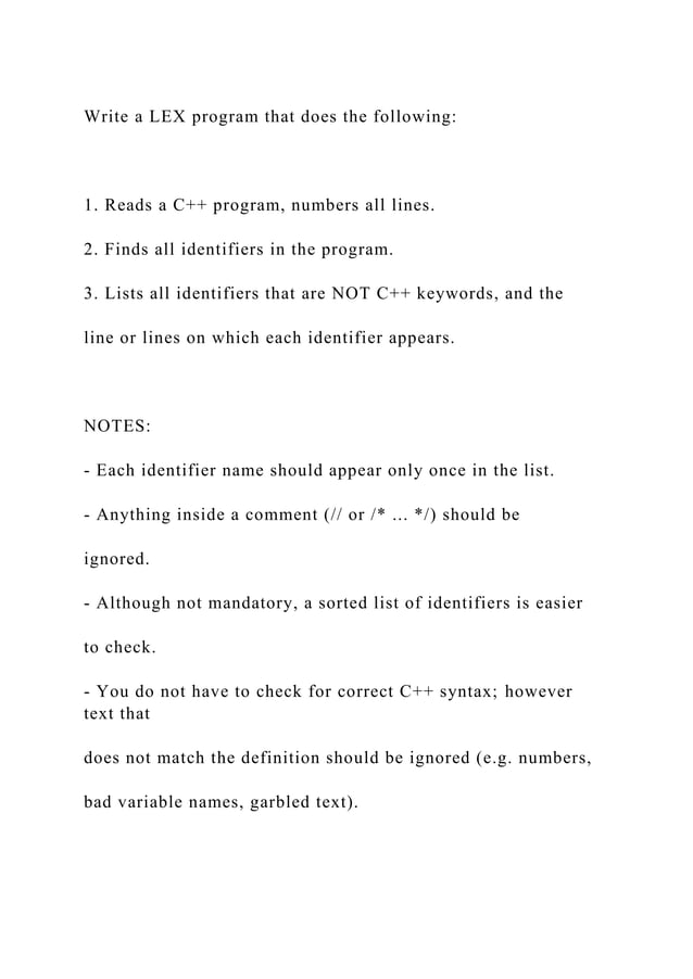 Write a LEX program that does the following1. Reads a C++ pro.docx