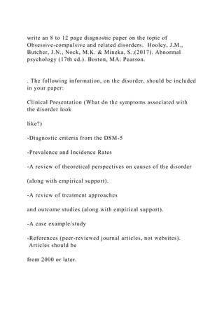write an 8 to 12 page diagnostic paper on the topic of Obsessive-com | PDF