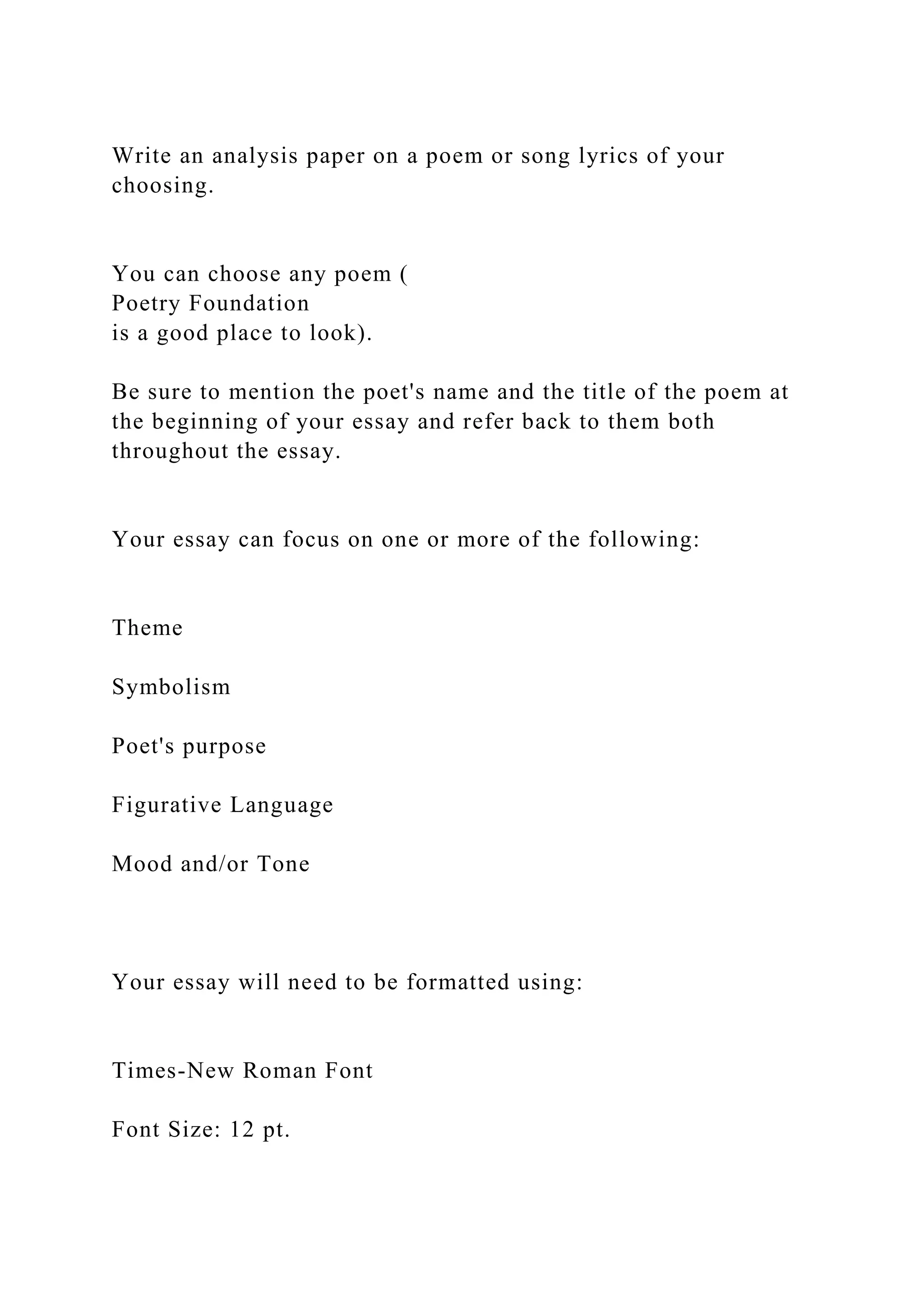 Write an analysis paper on a poem or song lyrics of your choosing. .docx