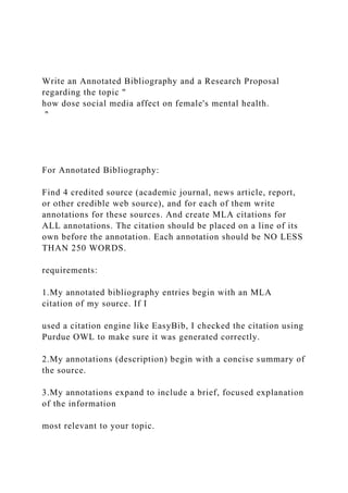 Write an Annotated Bibliography and a Research Proposal regardin | DOCX