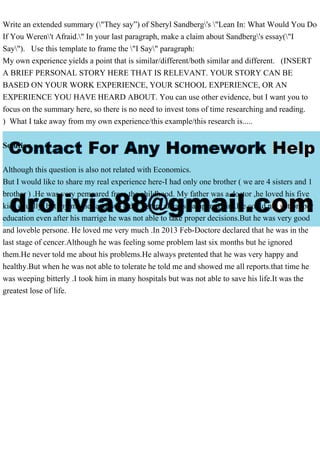 Write an extended summary (They say”) of Sheryl Sandbergs Lean.pdf