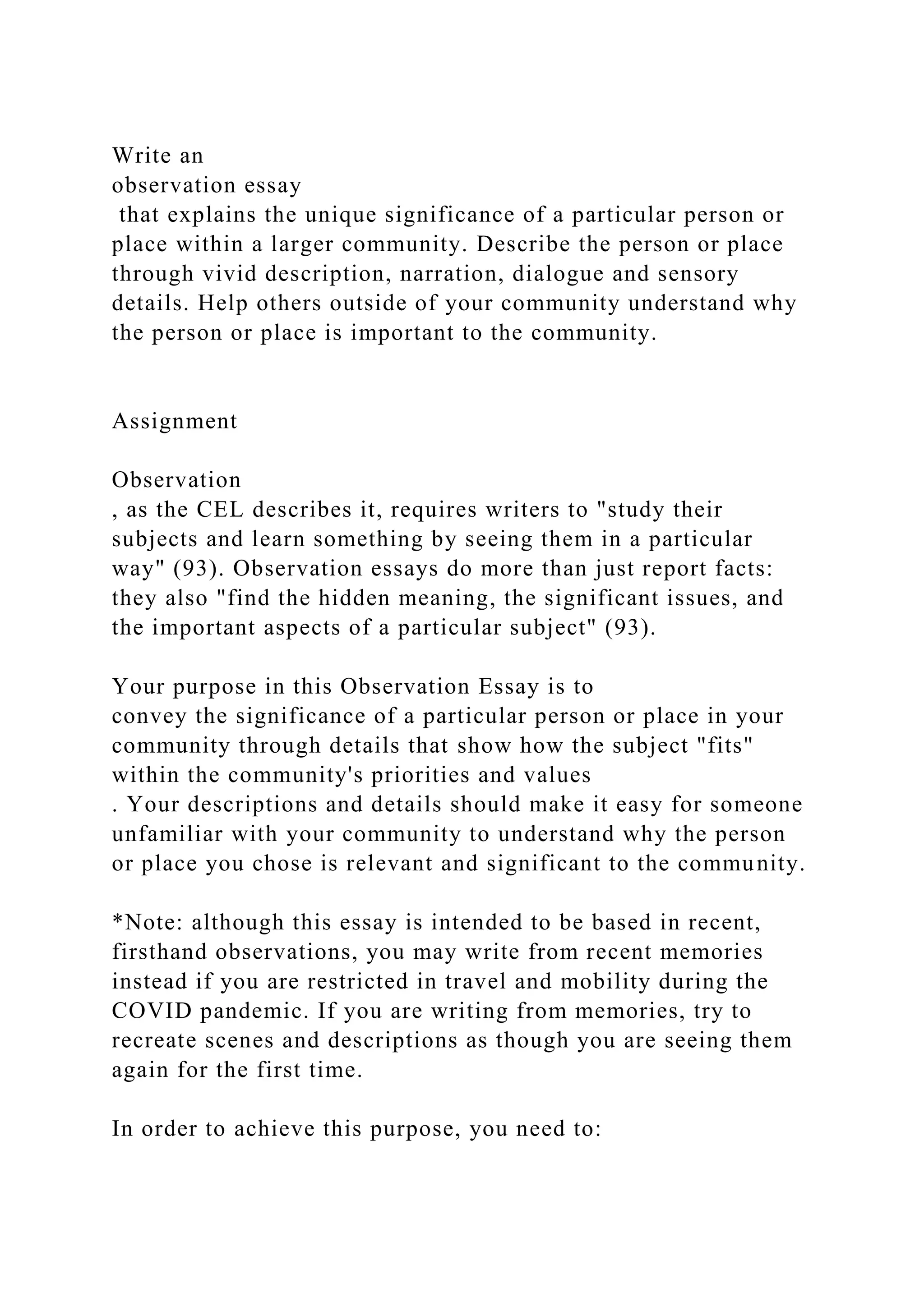 Write an observation essay that explains the unique significance.docx