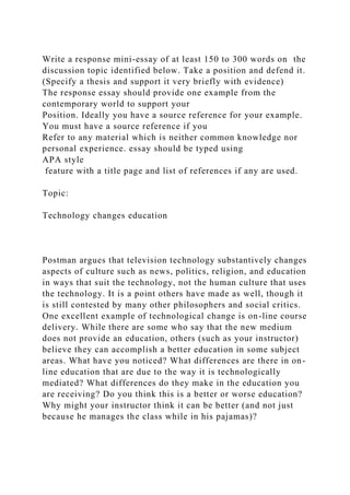 Write a response mini-essay of at least 150 to 300 words on the dis ...