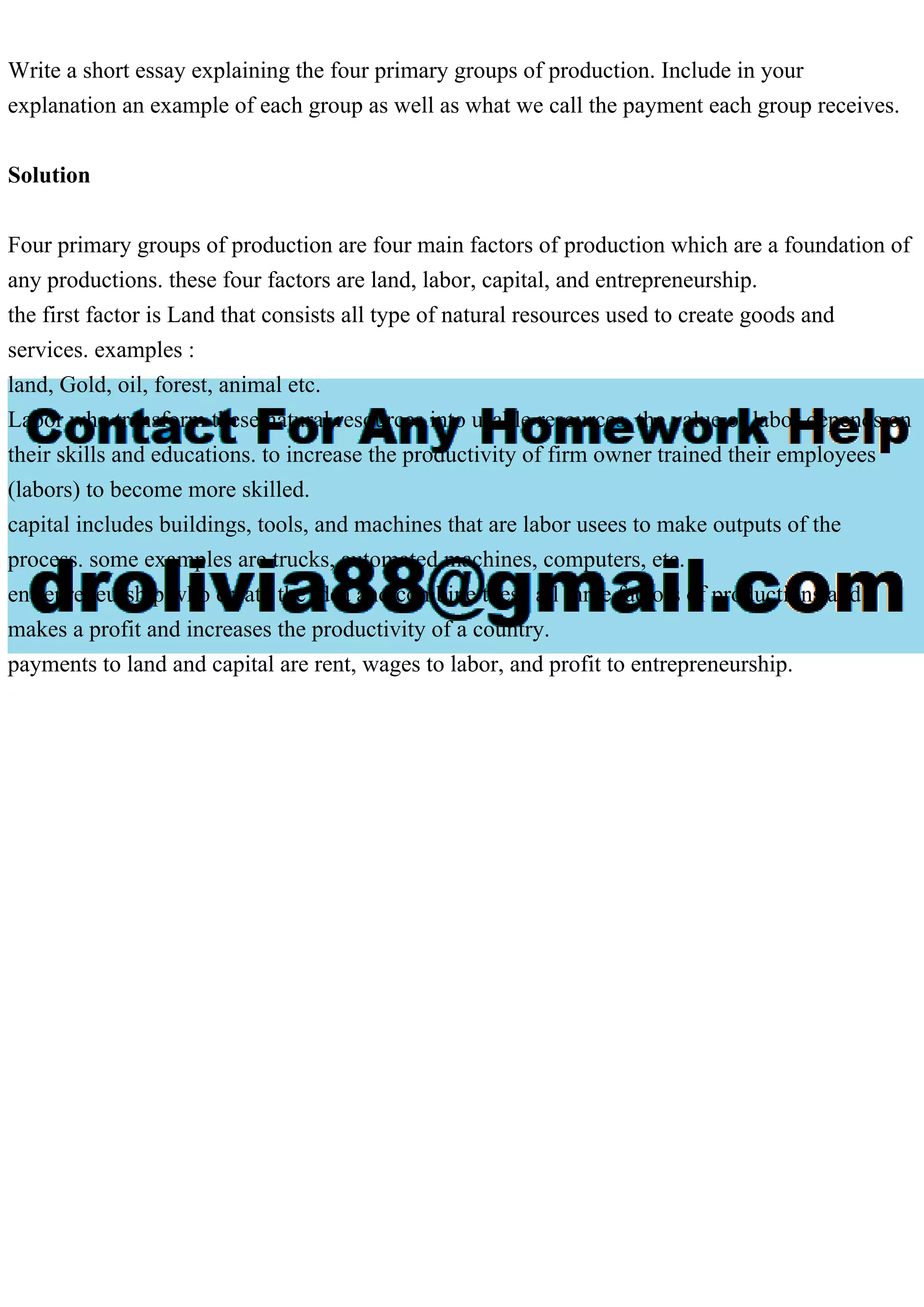 Write a short essay explaining the four primary groups of production.pdf