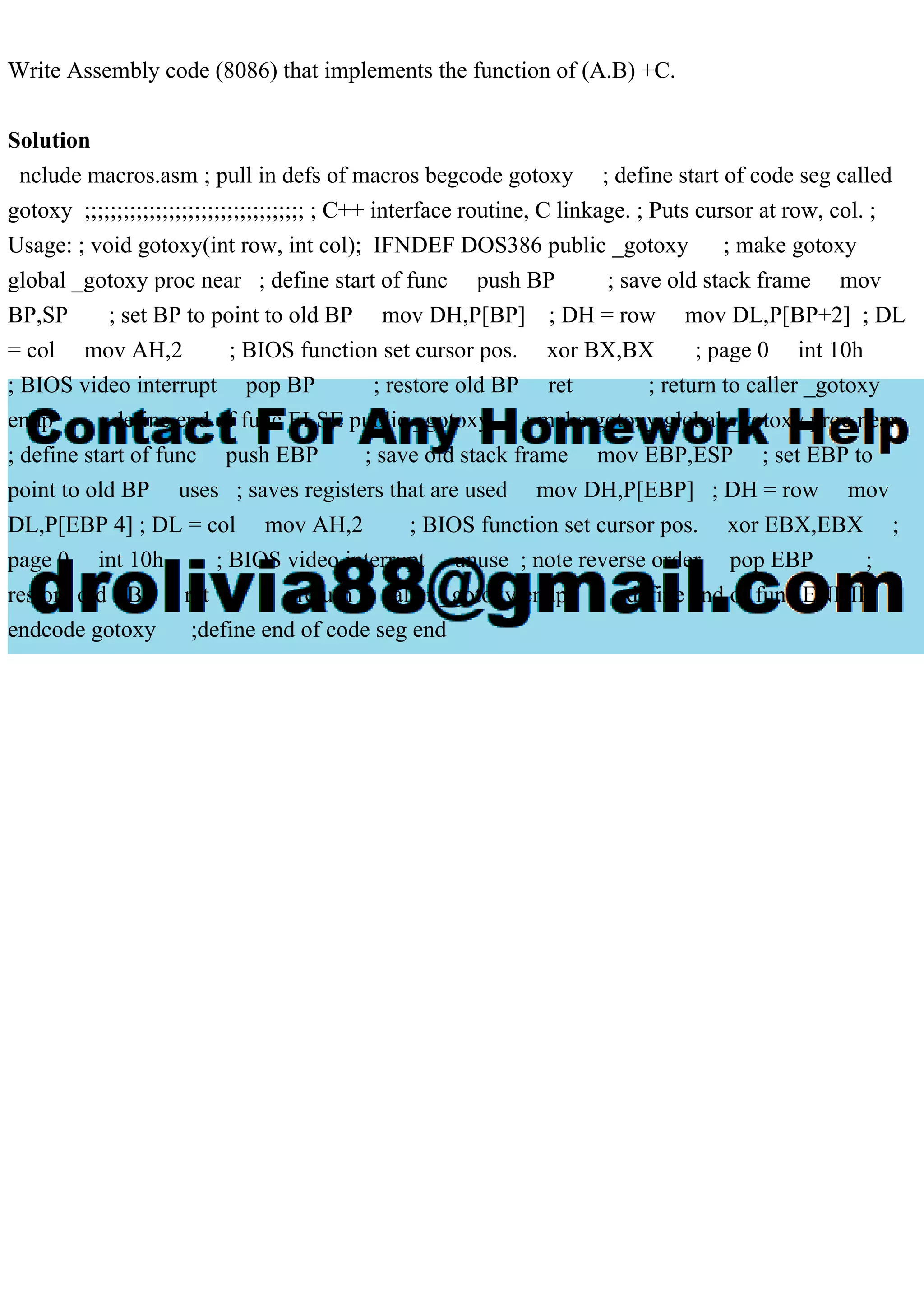 Write Assembly code (8086) that implements the function of (A.B) +C..pdf