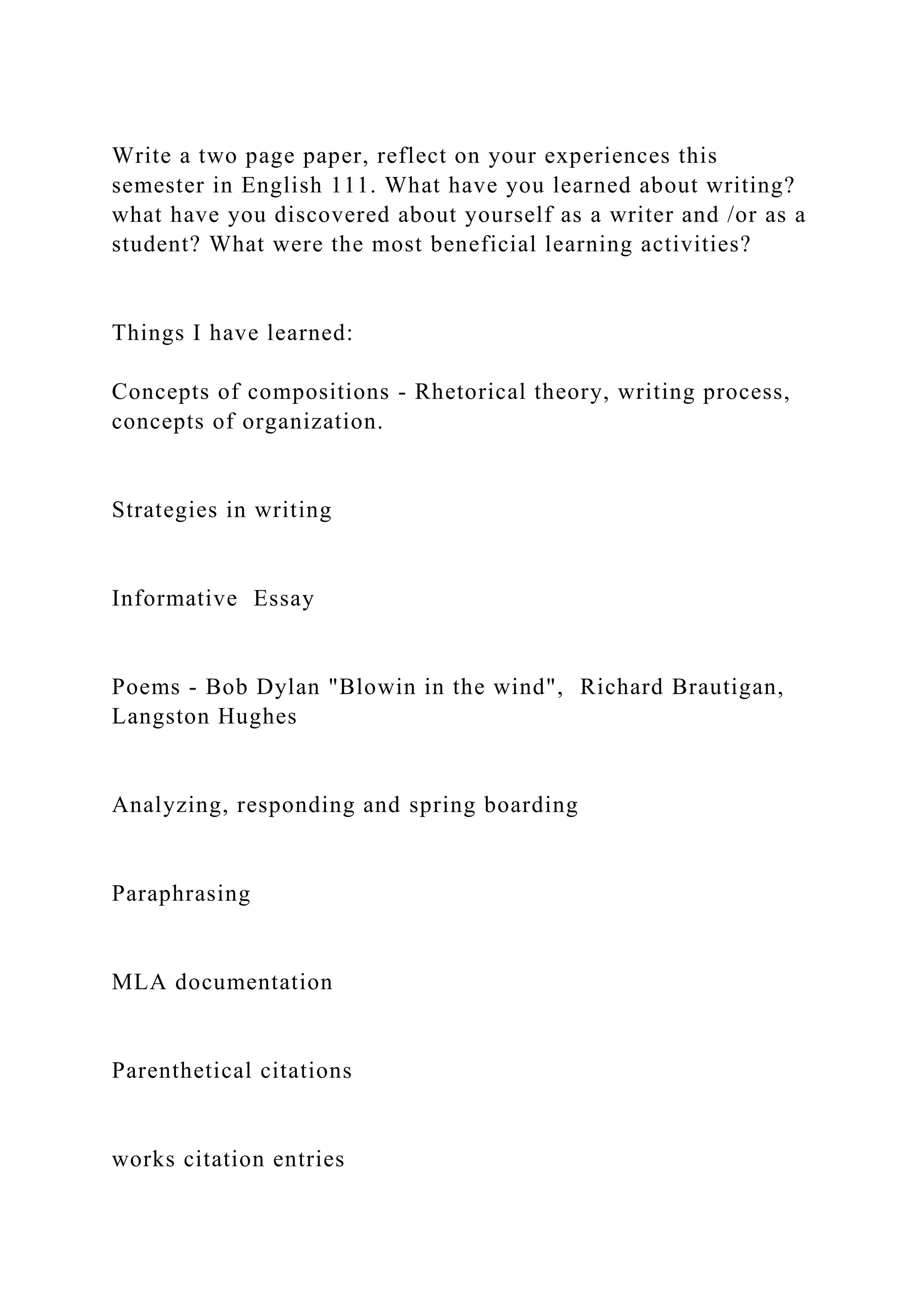 Write a two page paper, reflect on your experiences this semester in ...